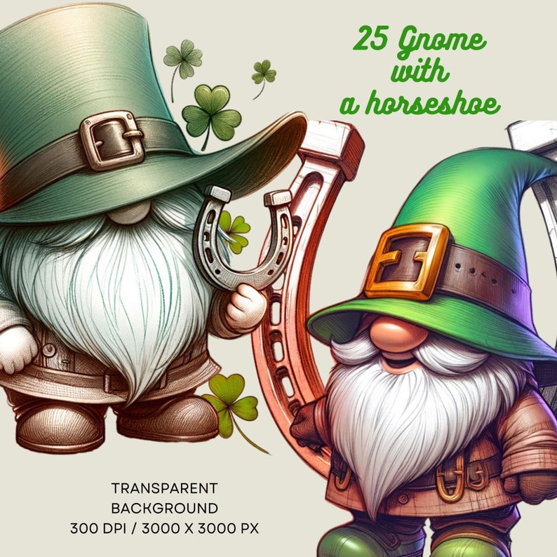 Lucky Gnome St. Patrick's Day Clipart: Shamrock Horseshoe PNG (digital ...