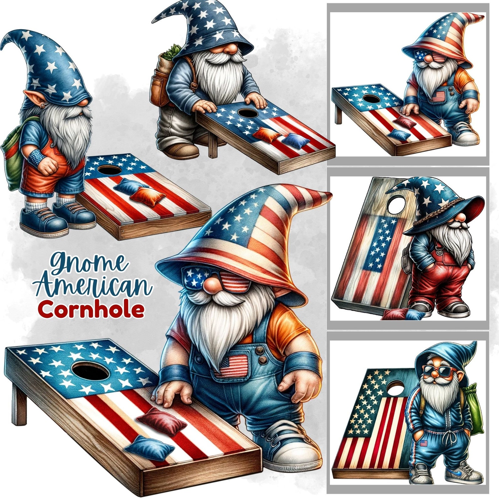 Gnomee Cornhole, Patriotic Gnomee Cornhole Clipart Bundle, 32 Pngs ...