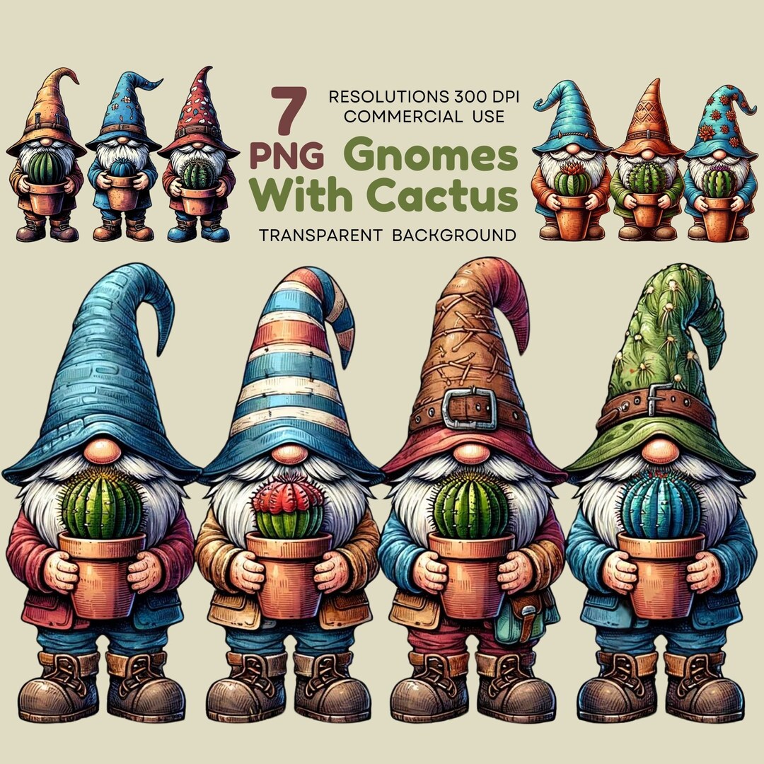 Watercolor Cactus Gnome Clipart Bundle: Garden Gnomes (PNG, Digital ...
