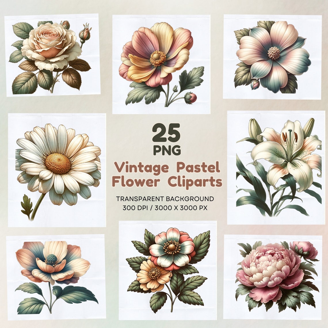 25 Vintage Flower Prints, Printable Minimalist Botanical Art, Pastel ...