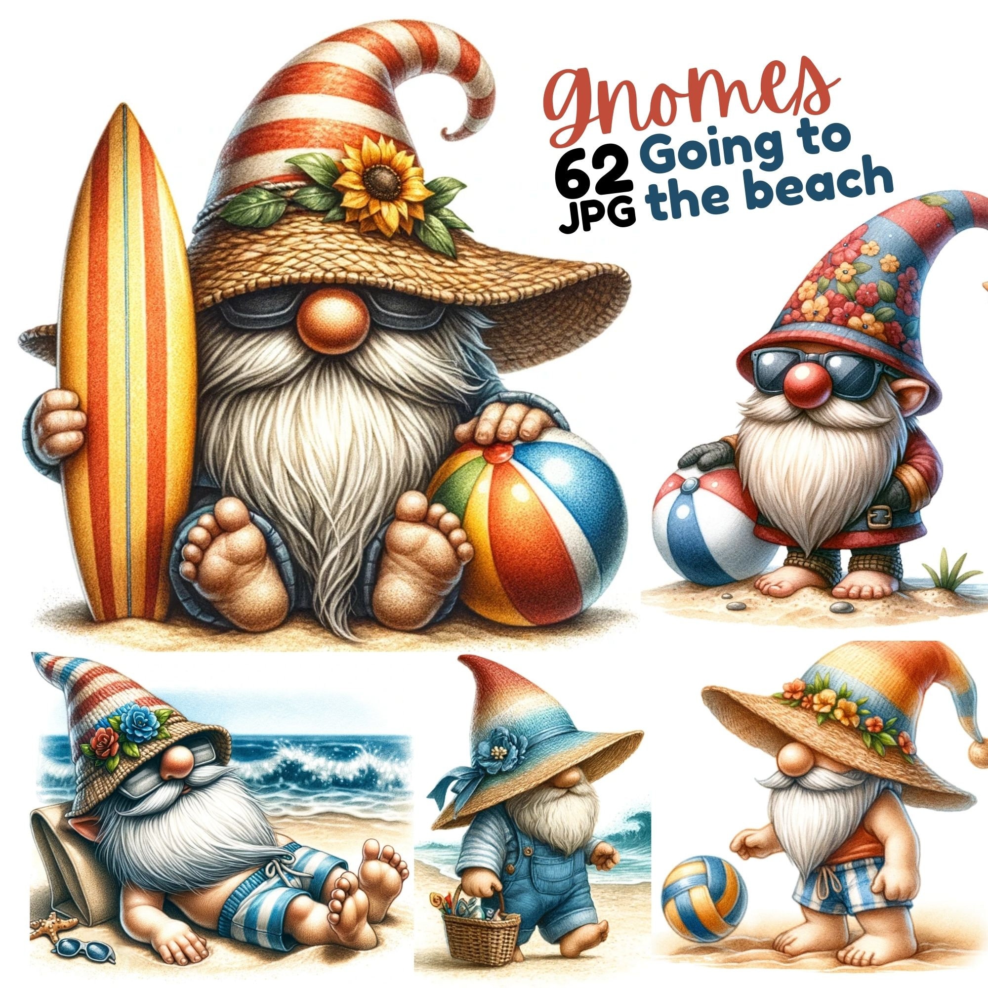 Going to the Beach, Whimsical Beach Gnomes Clip Art Set for Summer ...