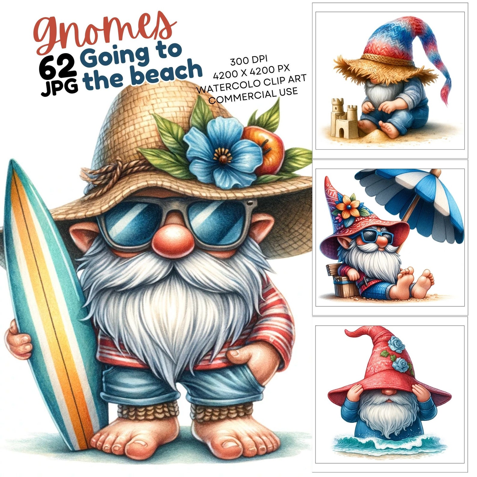 Going to the Beach, Whimsical Beach Gnomes Clip Art Set for Summer ...
