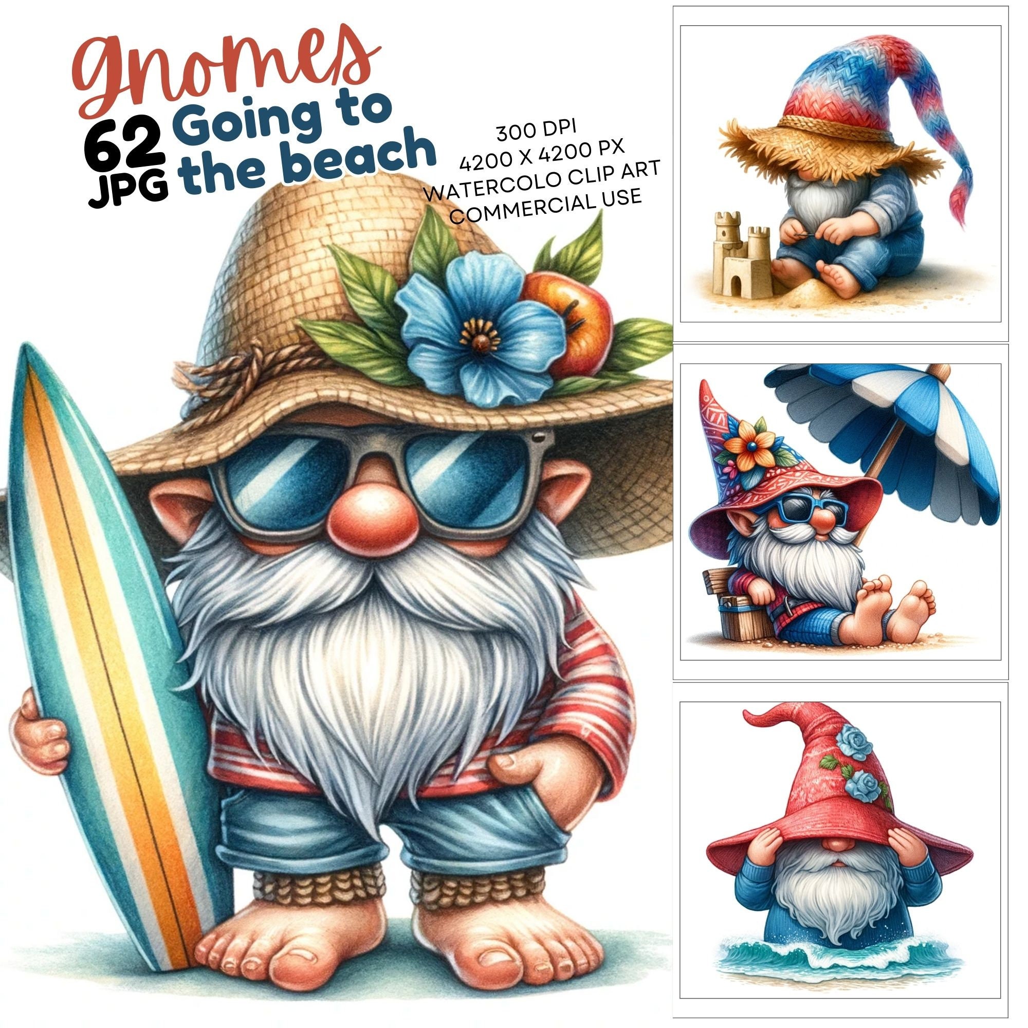 Going to the Beach, Whimsical Beach Gnomes Clip Art Set for Summer ...
