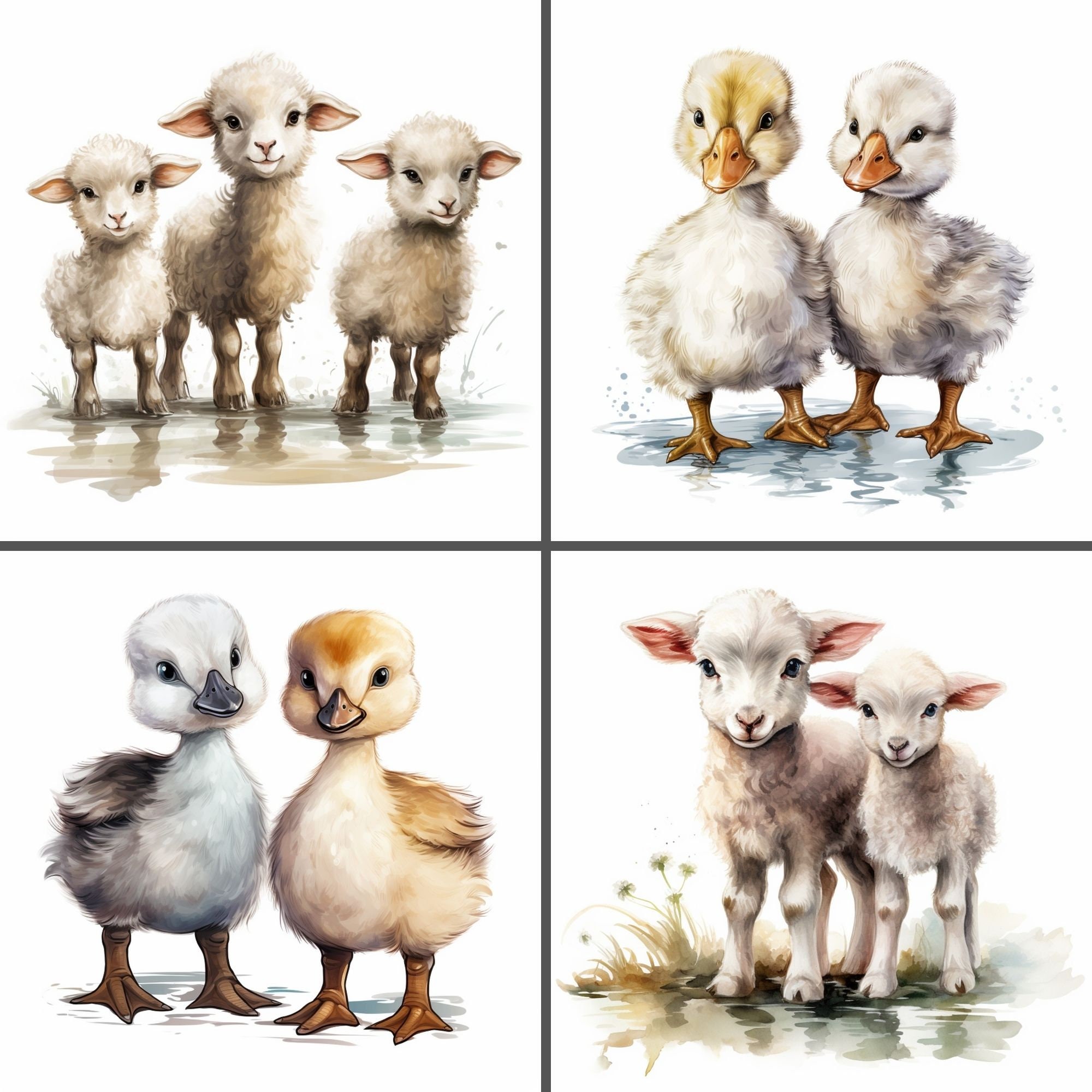 Spring Flock Festivity, Watercolor Lamb and Duckling Art, Spring ...