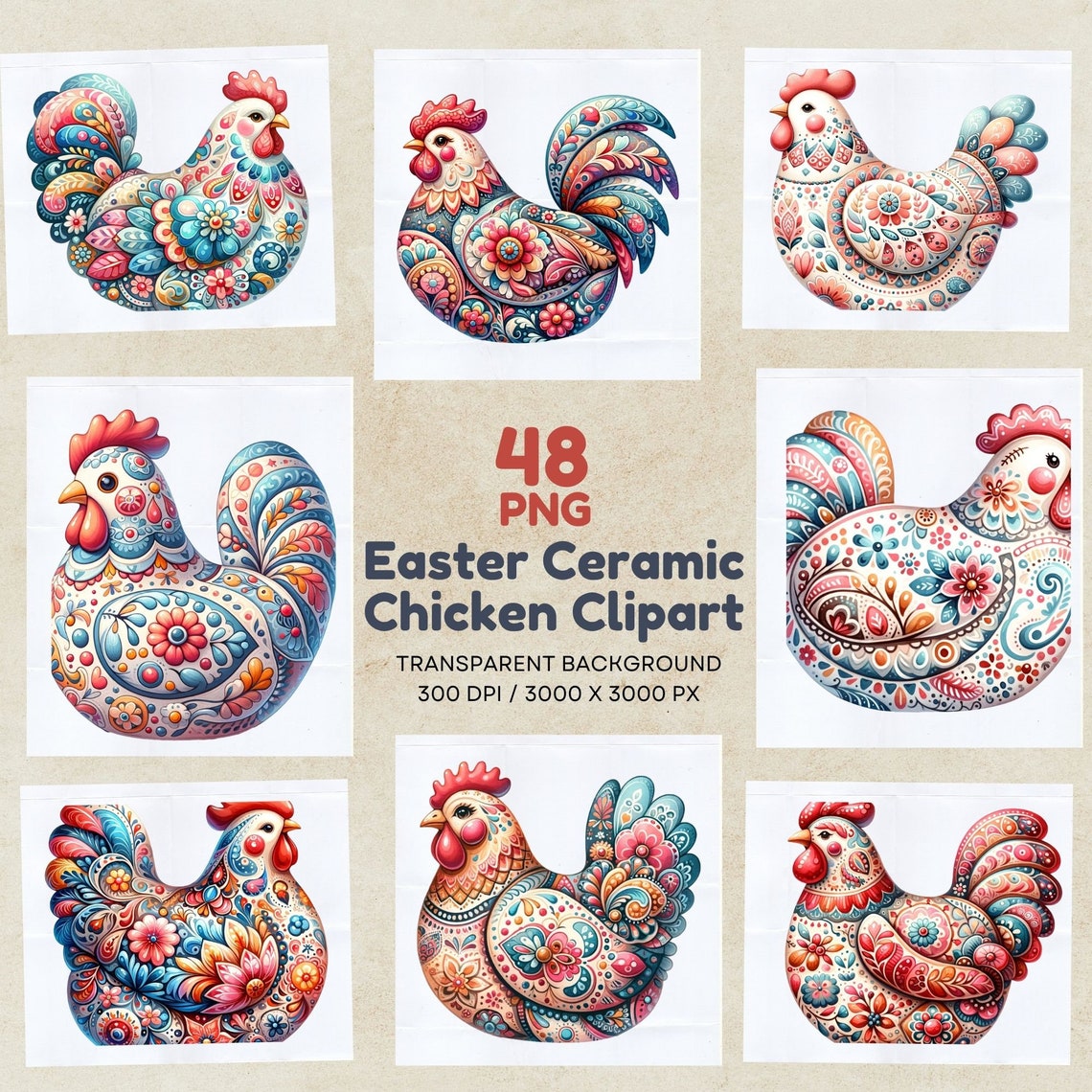 Easter Ceramic Chicken Clipart Bundle, Easter Clipart, Easter Graphics ...
