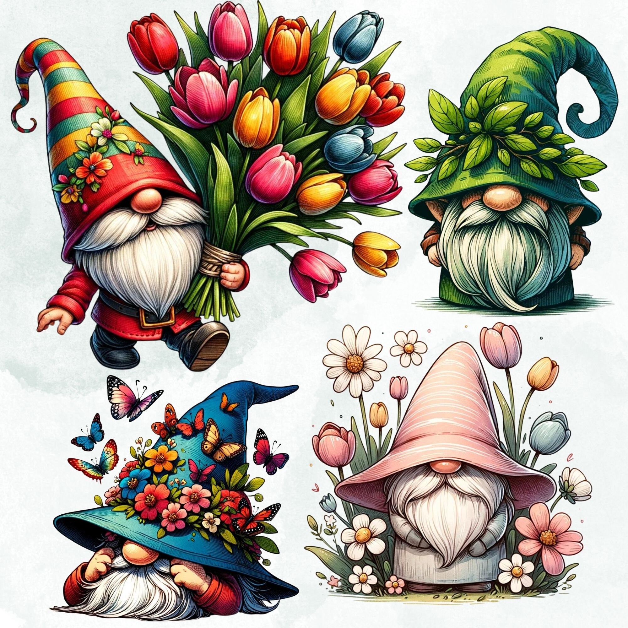 Whimsical Spring Gnome, Garden Clipart, Enchanted Spring Gnome, Gnomes ...