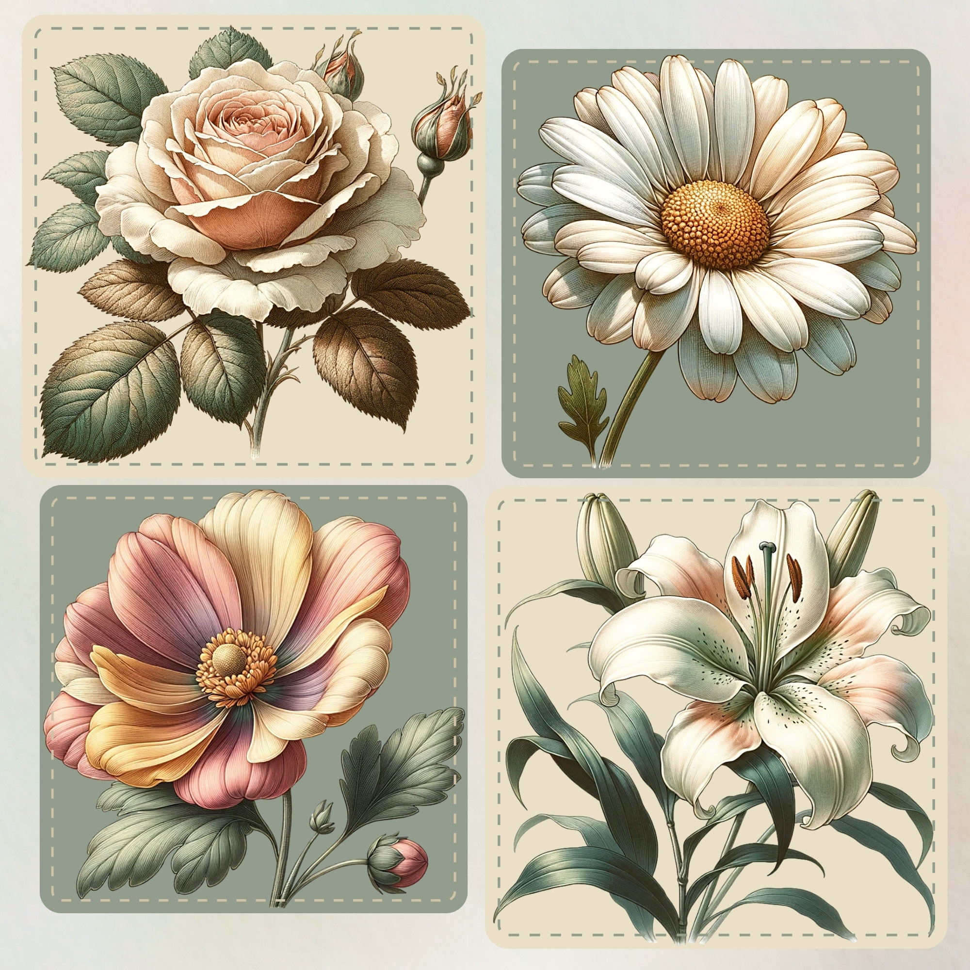 25 Vintage Flower Prints, Printable Minimalist Botanical Art, Pastel ...