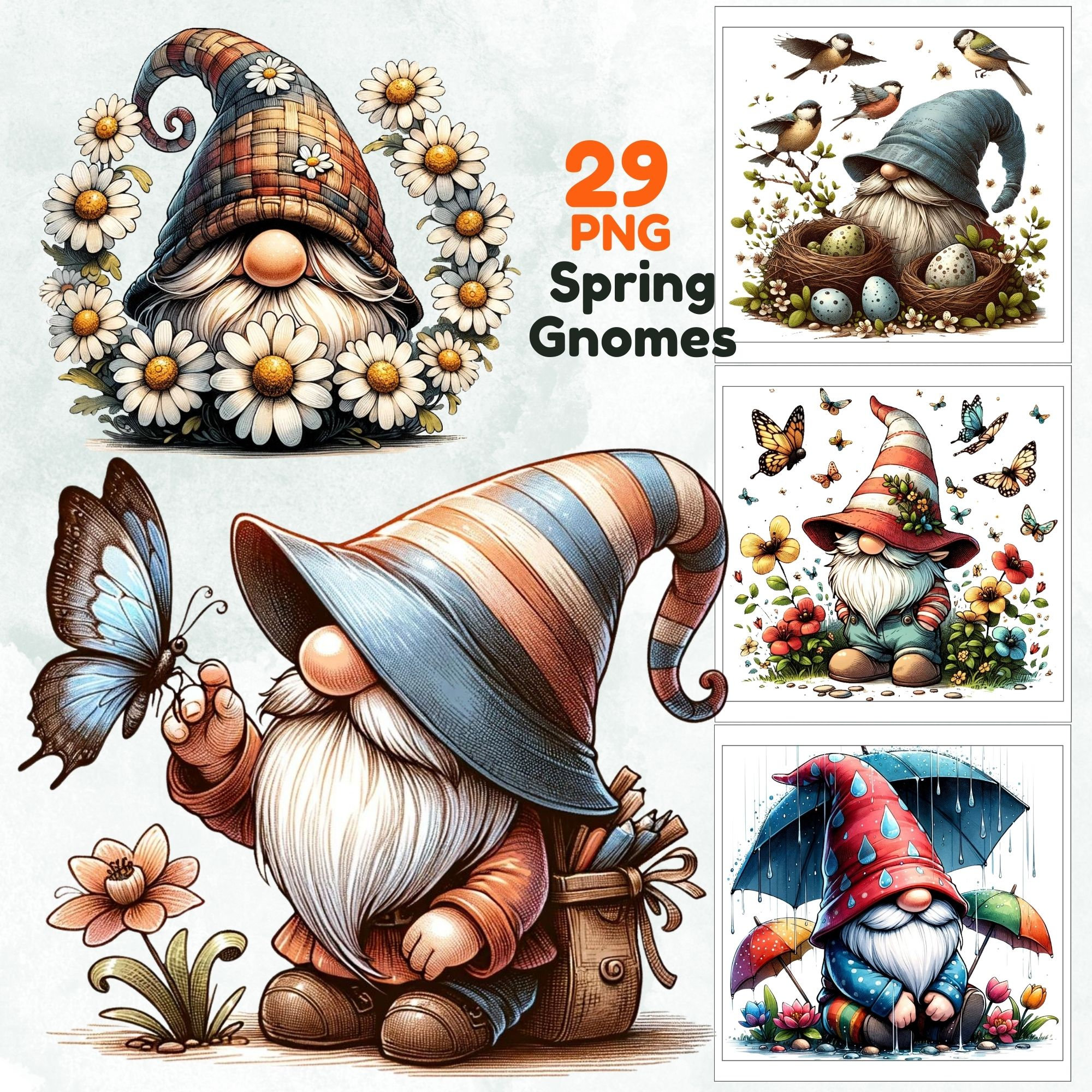 Whimsical Spring Gnome, Garden Clipart, Enchanted Spring Gnome, Gnomes ...