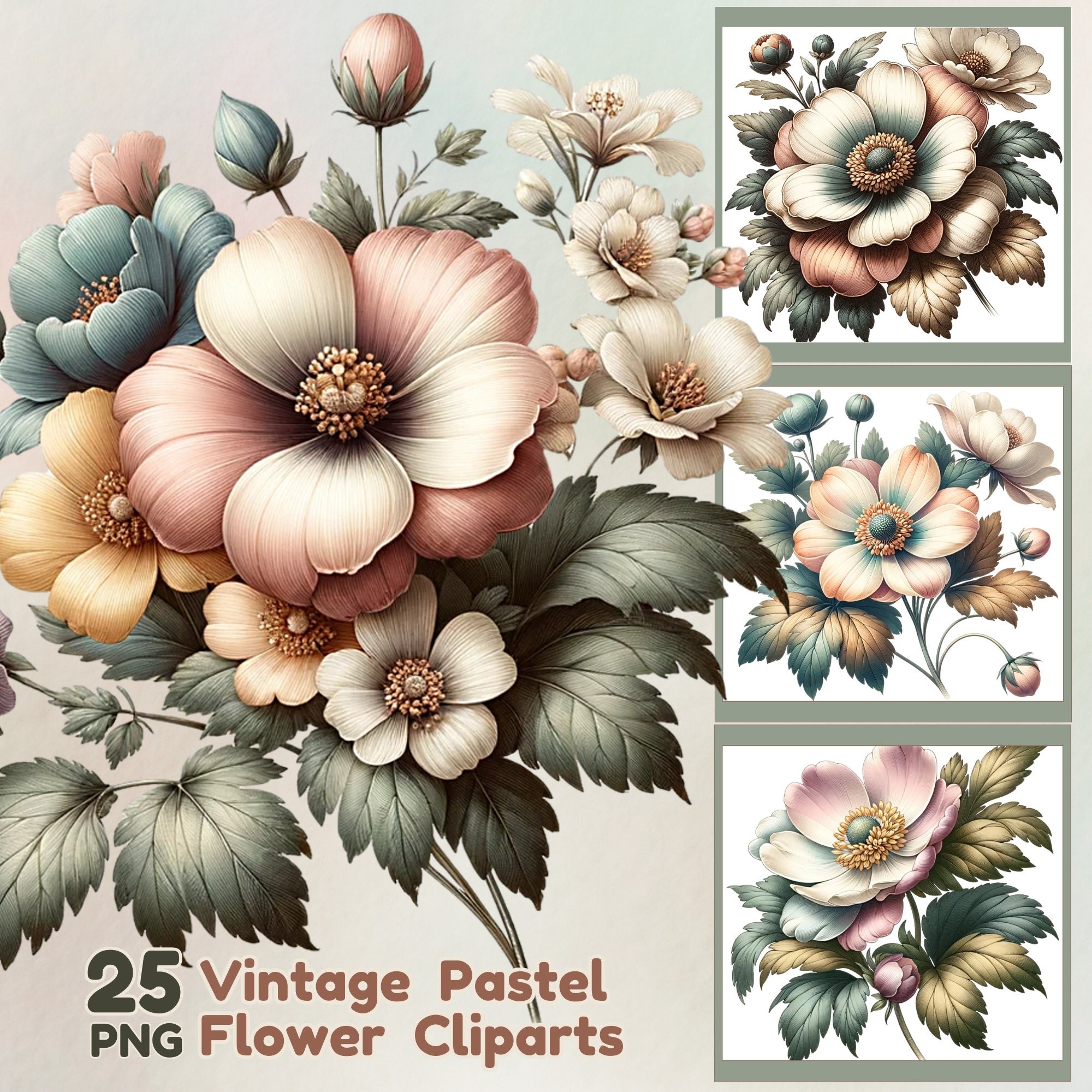 25 Vintage Flower Prints, Printable Minimalist Botanical Art, Pastel ...