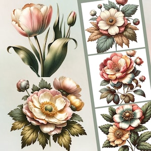 25 Vintage Flower Prints, Printable Minimalist Botanical Art, Pastel ...