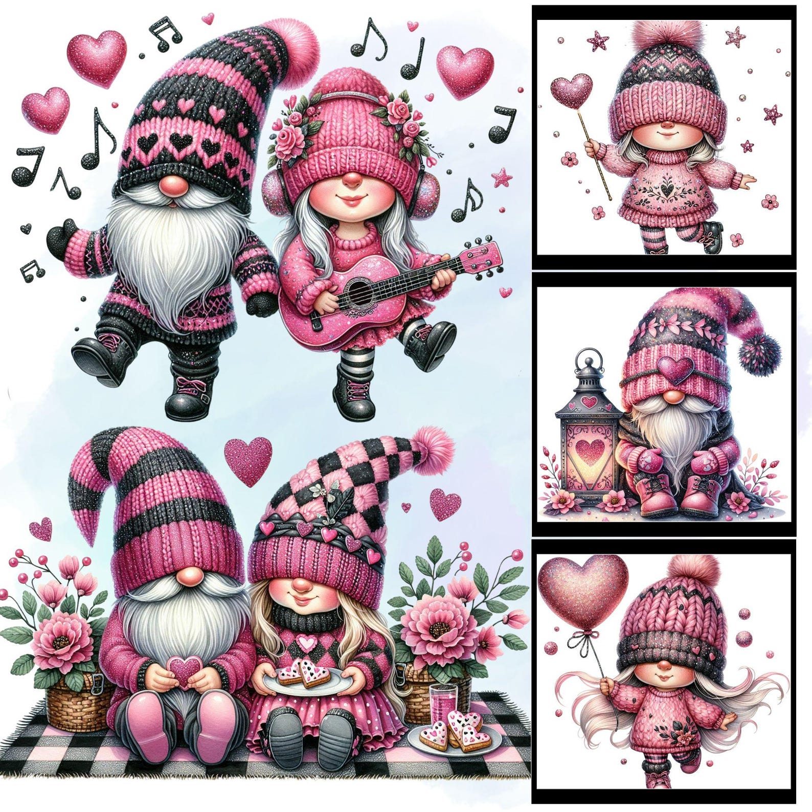 Valentine’s Day Black & Pink Gnomee PNG Clipart, Sweet Valentine Gnomes ...