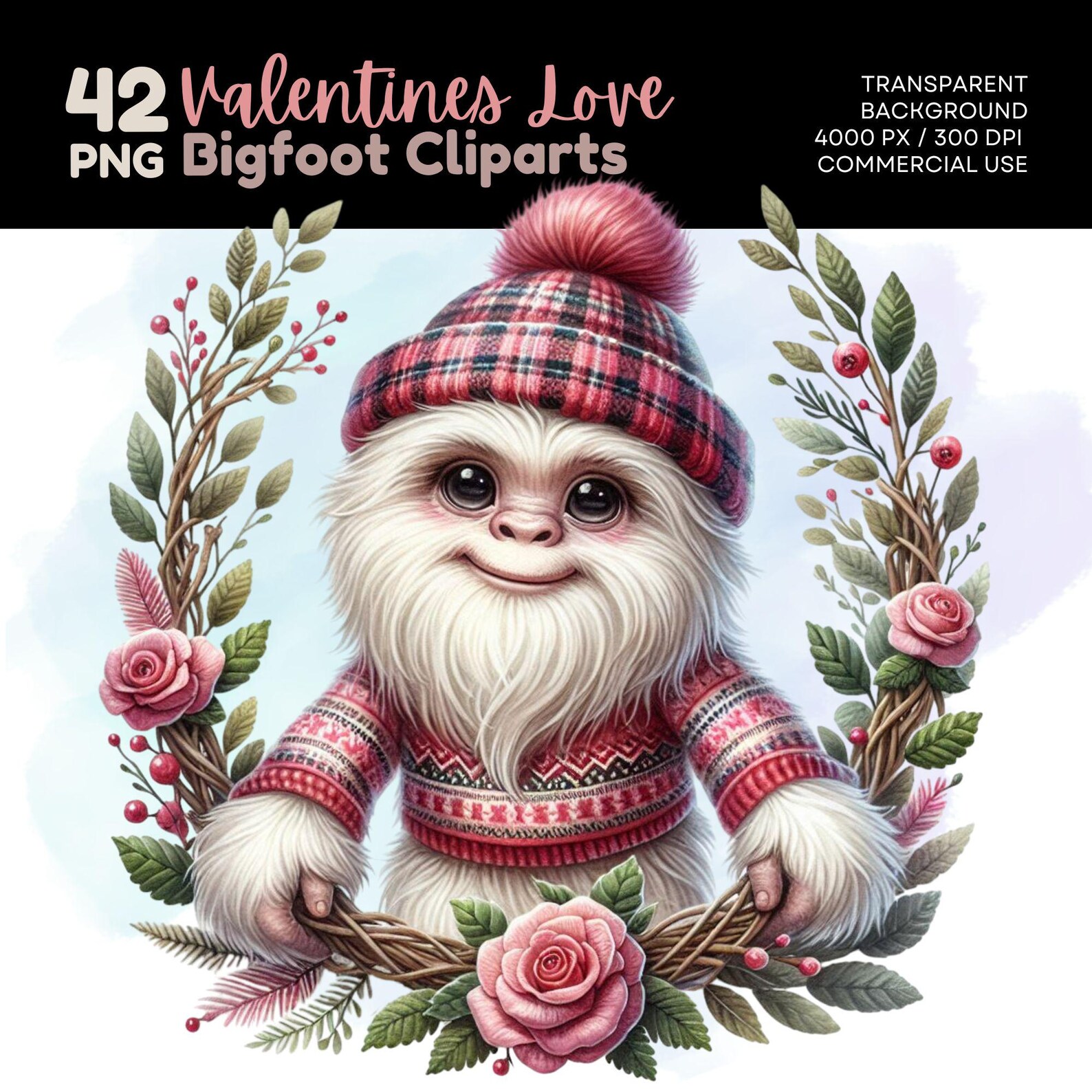 42 Valentine's Day Bigfoot Clipart Bundle, Cute Yeti Love Valentine ...
