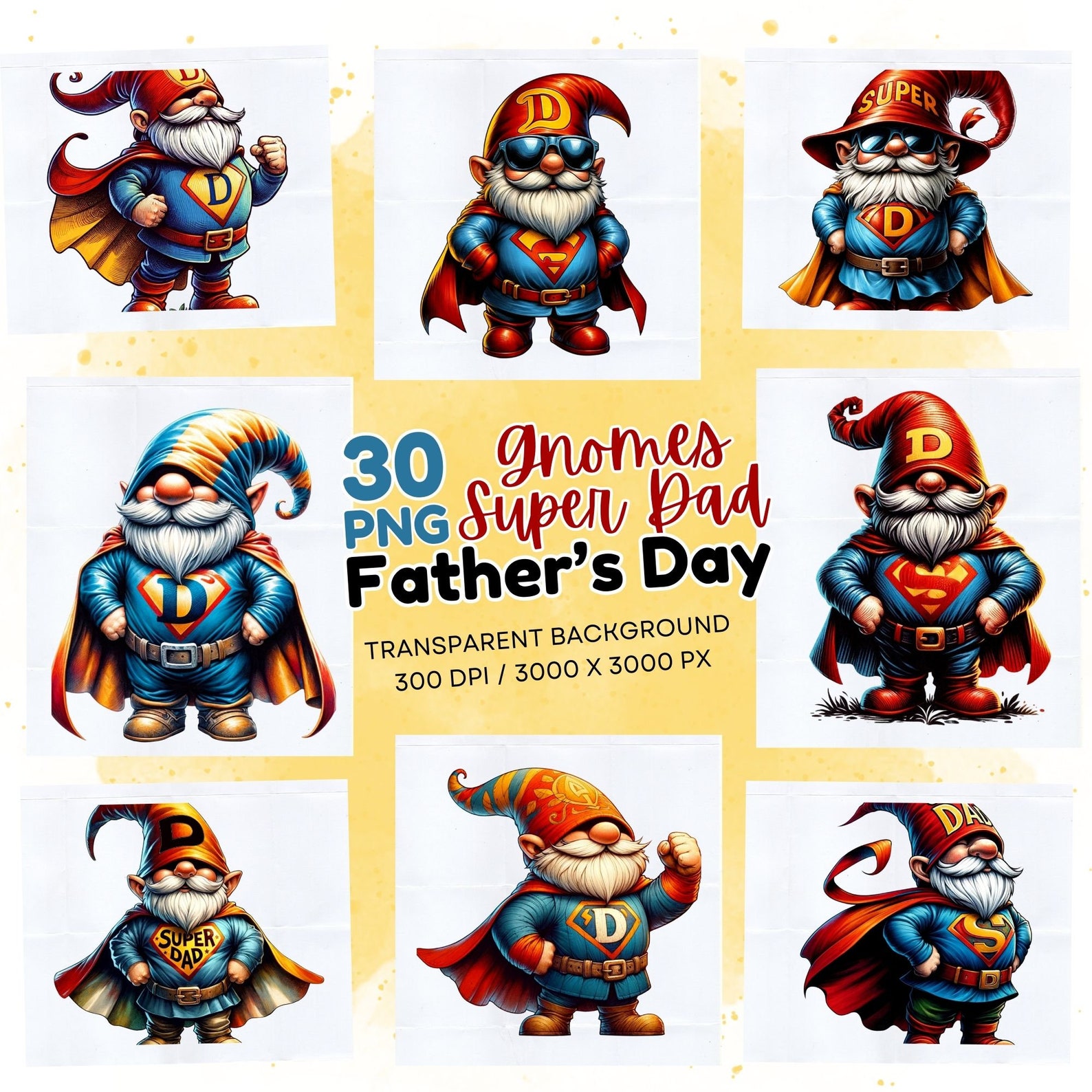 Fathers Day Gnomes Collection Clipart, Super Dad Gnomes Clip Art Set ...