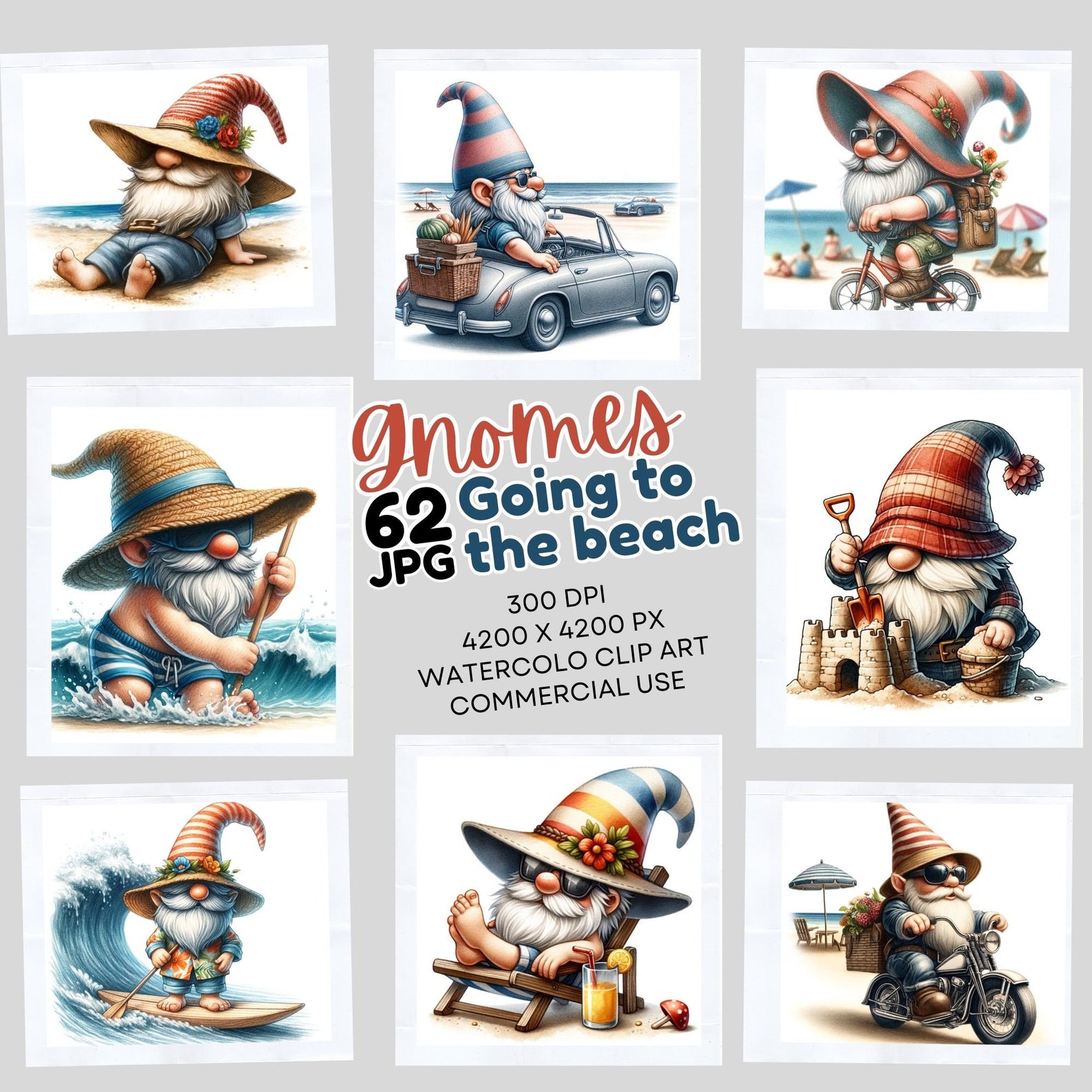 Going to the Beach, Whimsical Beach Gnomes Clip Art Set for Summer ...