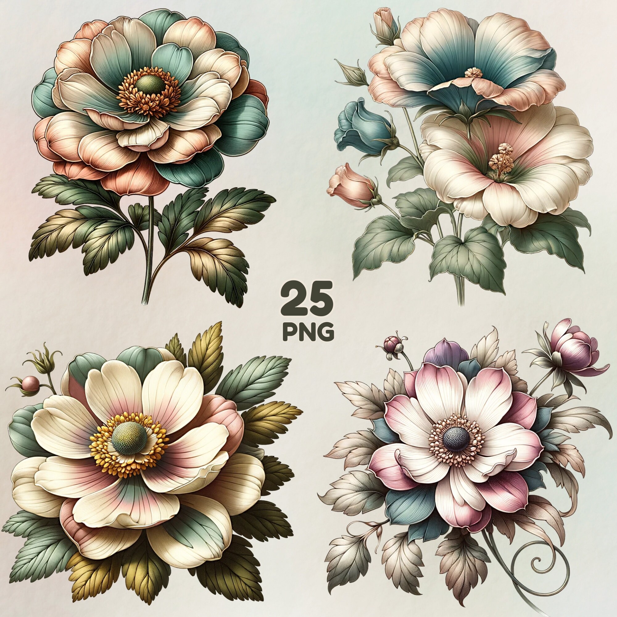 25 Vintage Flower Prints, Printable Minimalist Botanical Art, Pastel ...