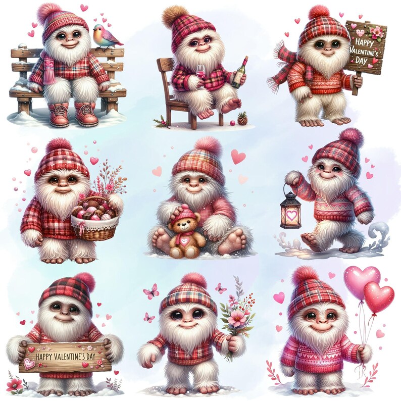 42 Valentine's Day Bigfoot Clipart Bundle, Cute Yeti Love Valentine ...