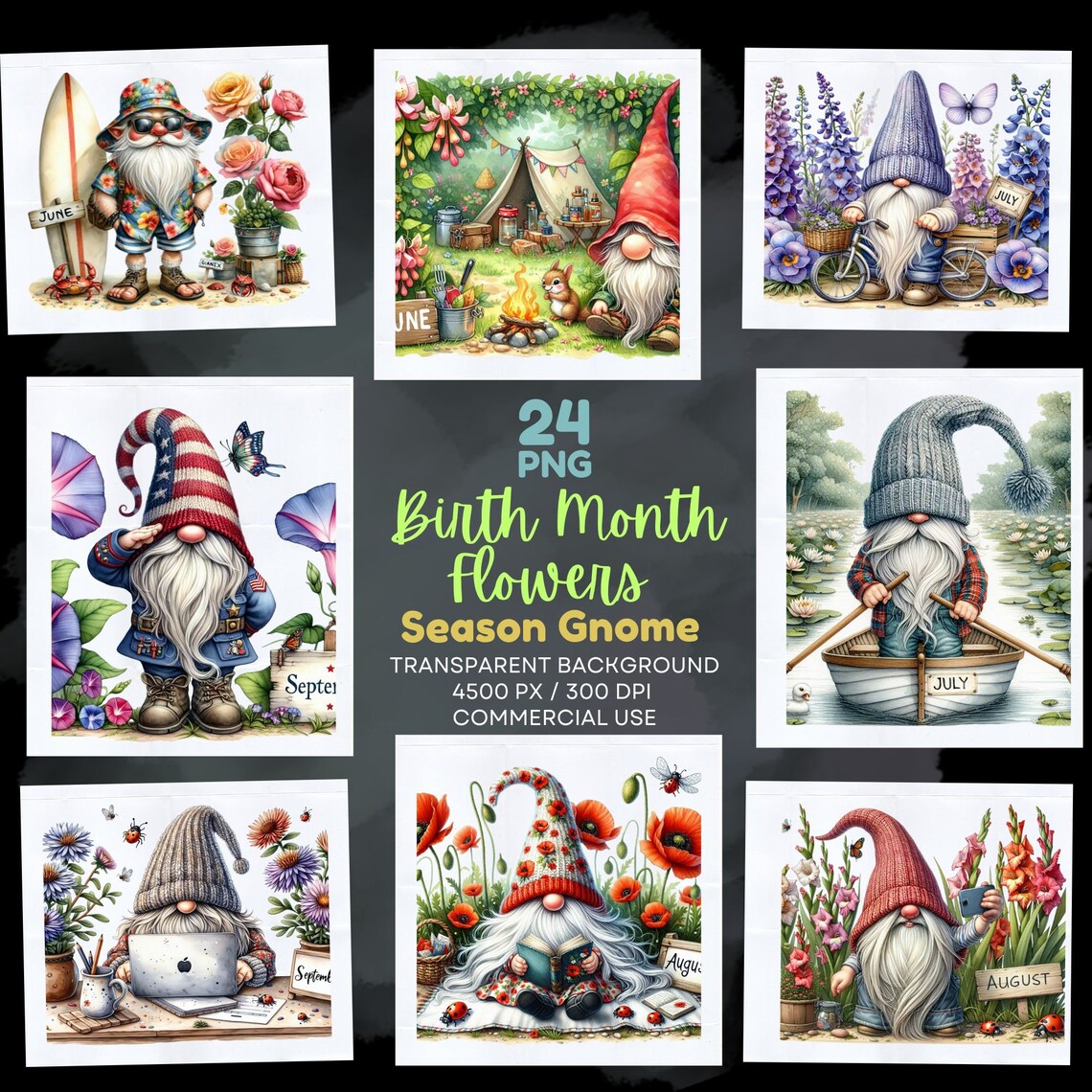 Birth Month Flower Gnome PNG Clipart Collection (digital Download) - Etsy