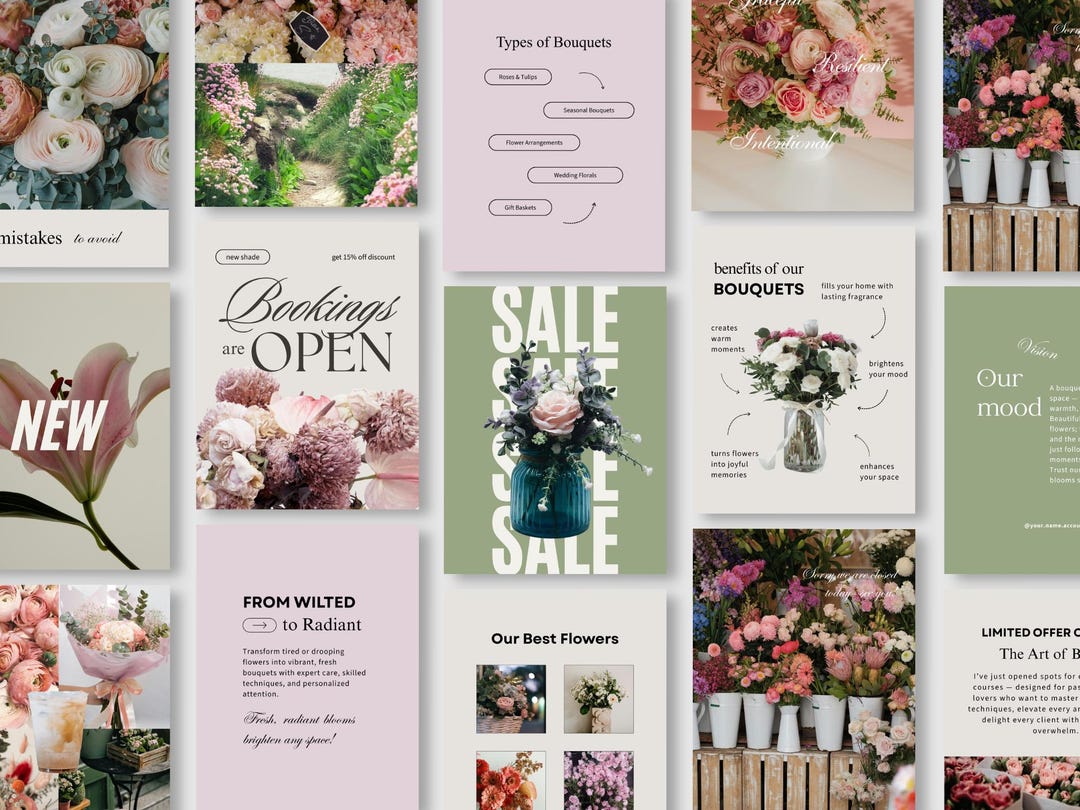 Floral Shop Instagram Templates, Modern Florist Canva Posts, Minimal ...