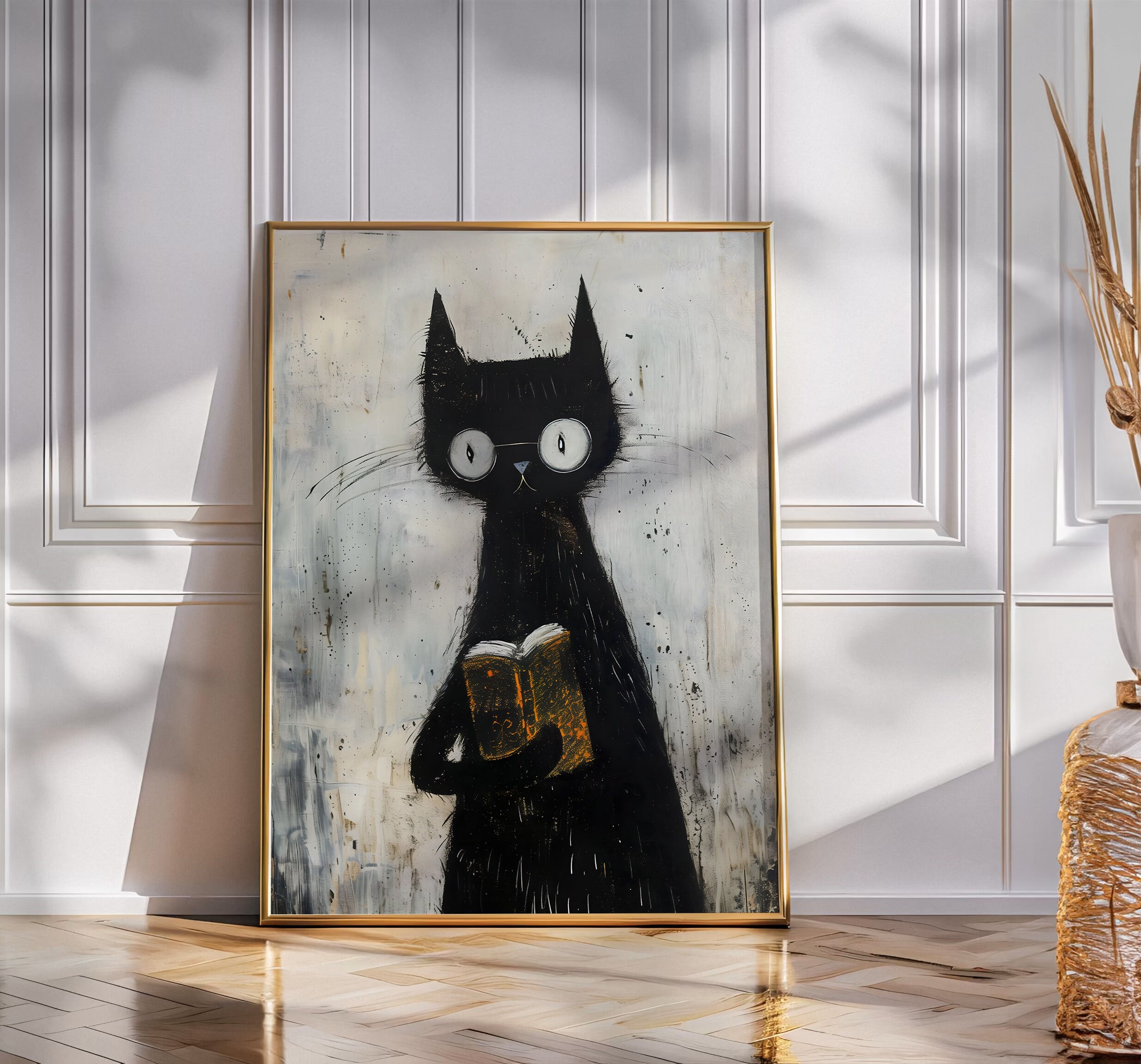 Black Cat Digital Print, Abstract Cat With Book Poster, Wall Decor for ...