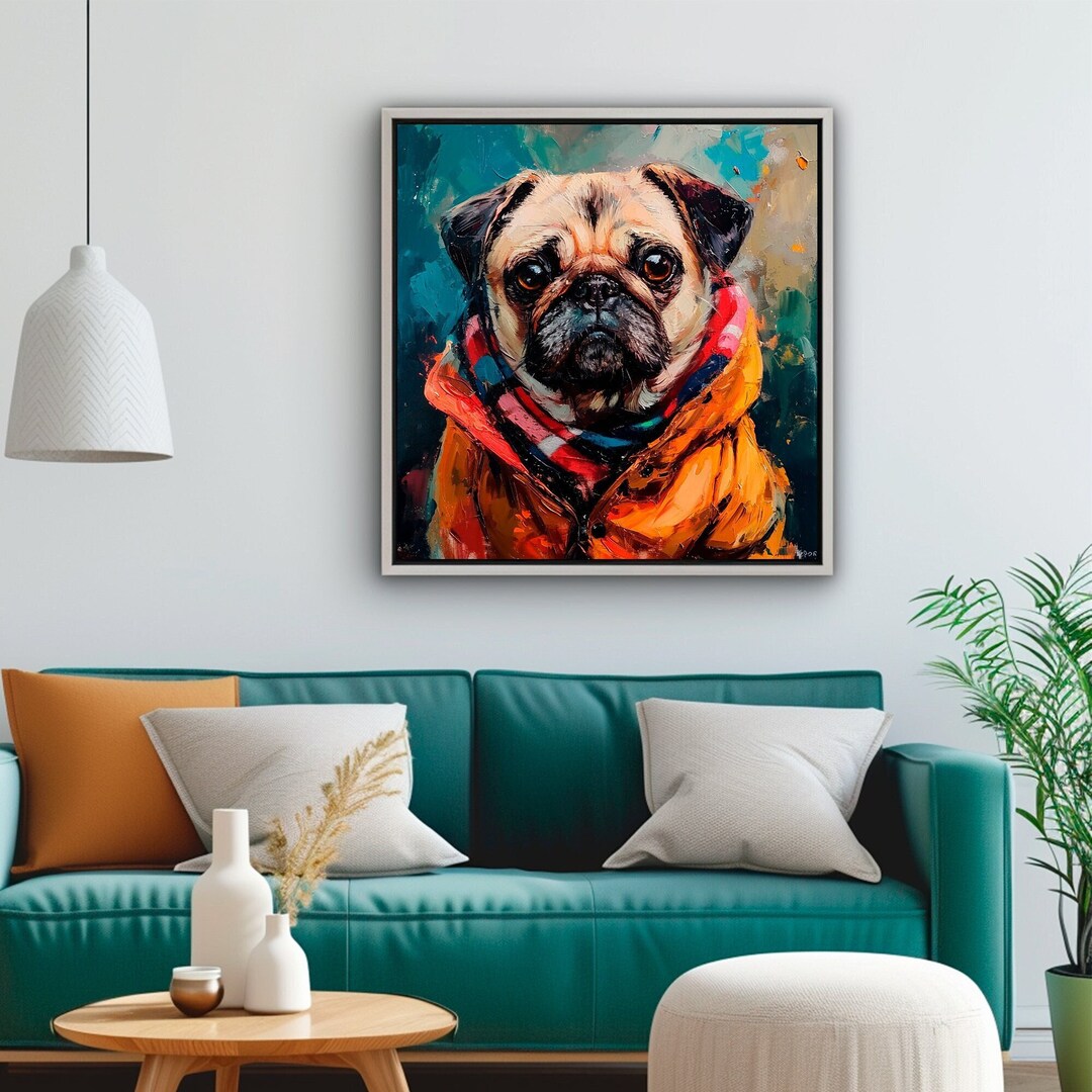 Pug Oil Painting, Set of 5 Cute Pug Poster, Digital Art, Dog in Clothes ...