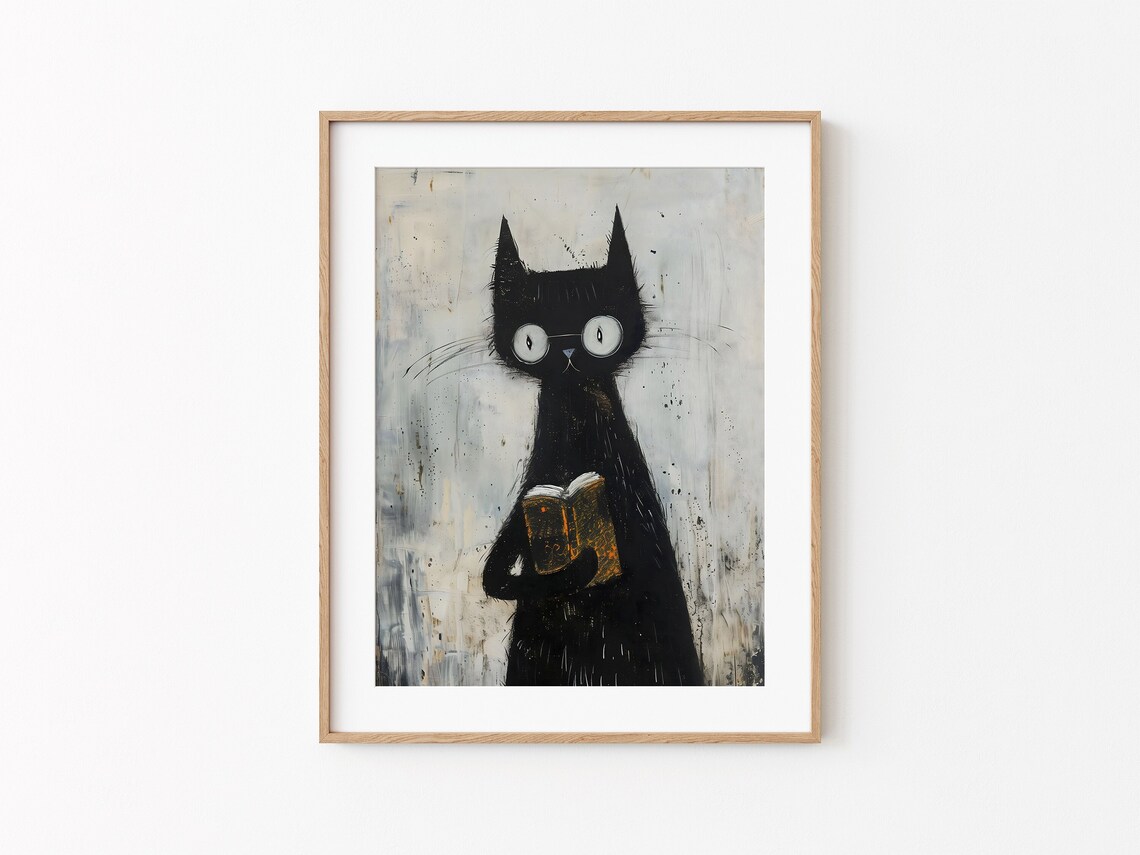 Black Cat Digital Print, Abstract Cat With Book Poster, Wall Decor for ...