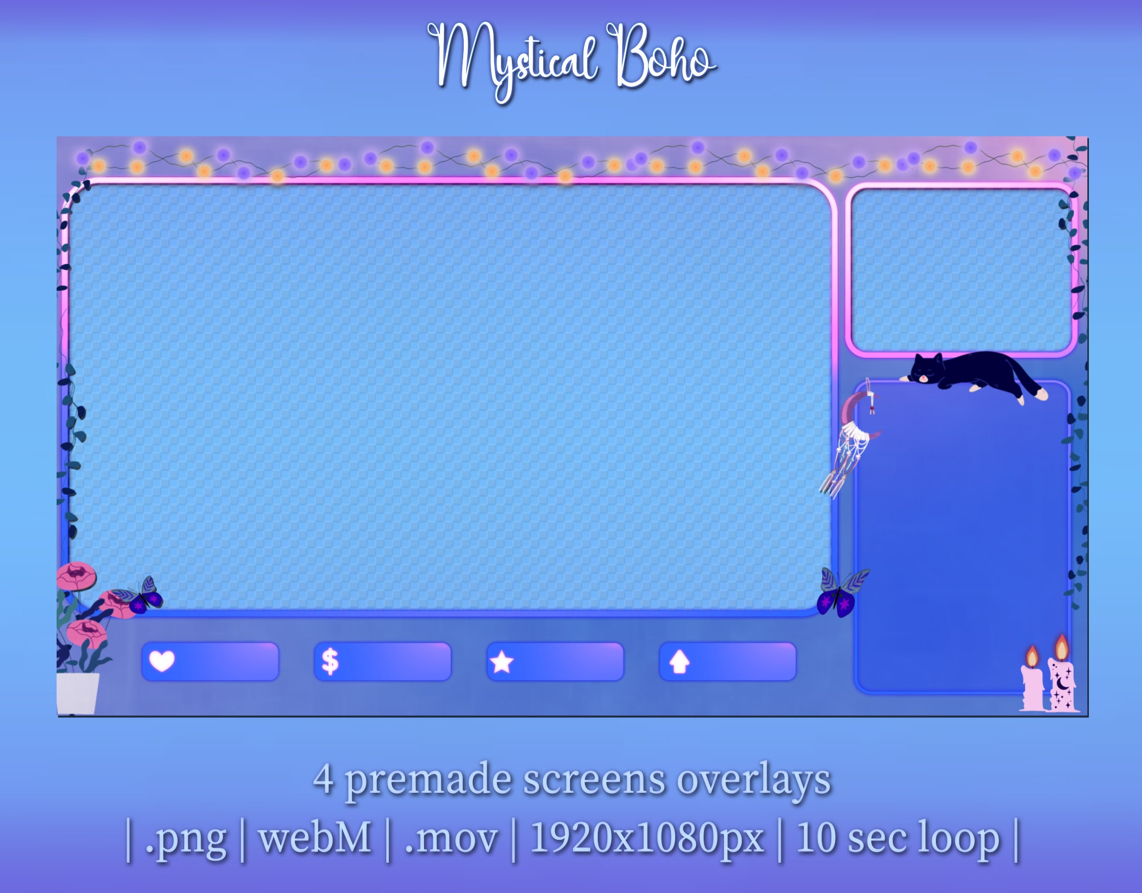 Boho Cat Stream Overlay for Twitch, Stream Animated Borders Mystic Boho ...