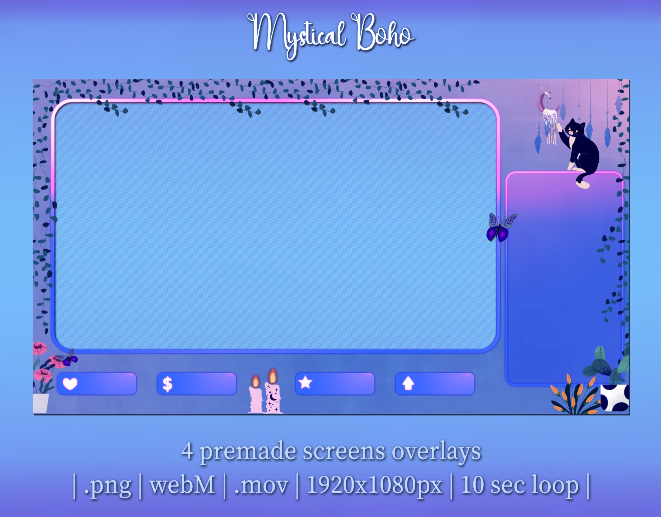 Boho Cat Stream Overlay for Twitch, Stream Animated Borders Mystic Boho ...