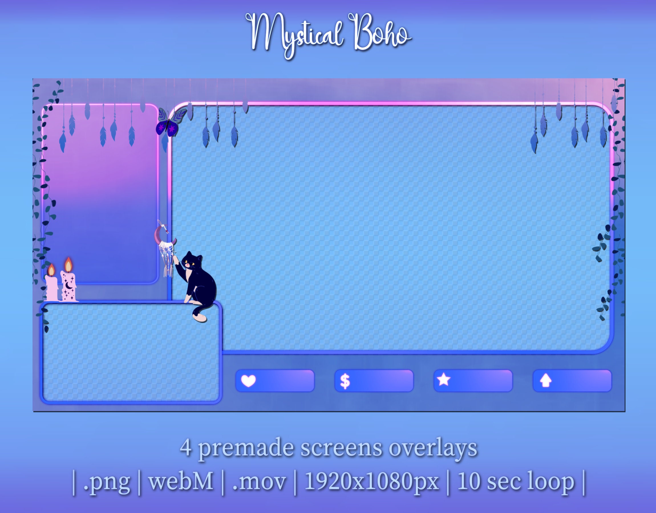 Boho Cat Stream Overlay for Twitch, Stream Animated Borders Mystic Boho ...