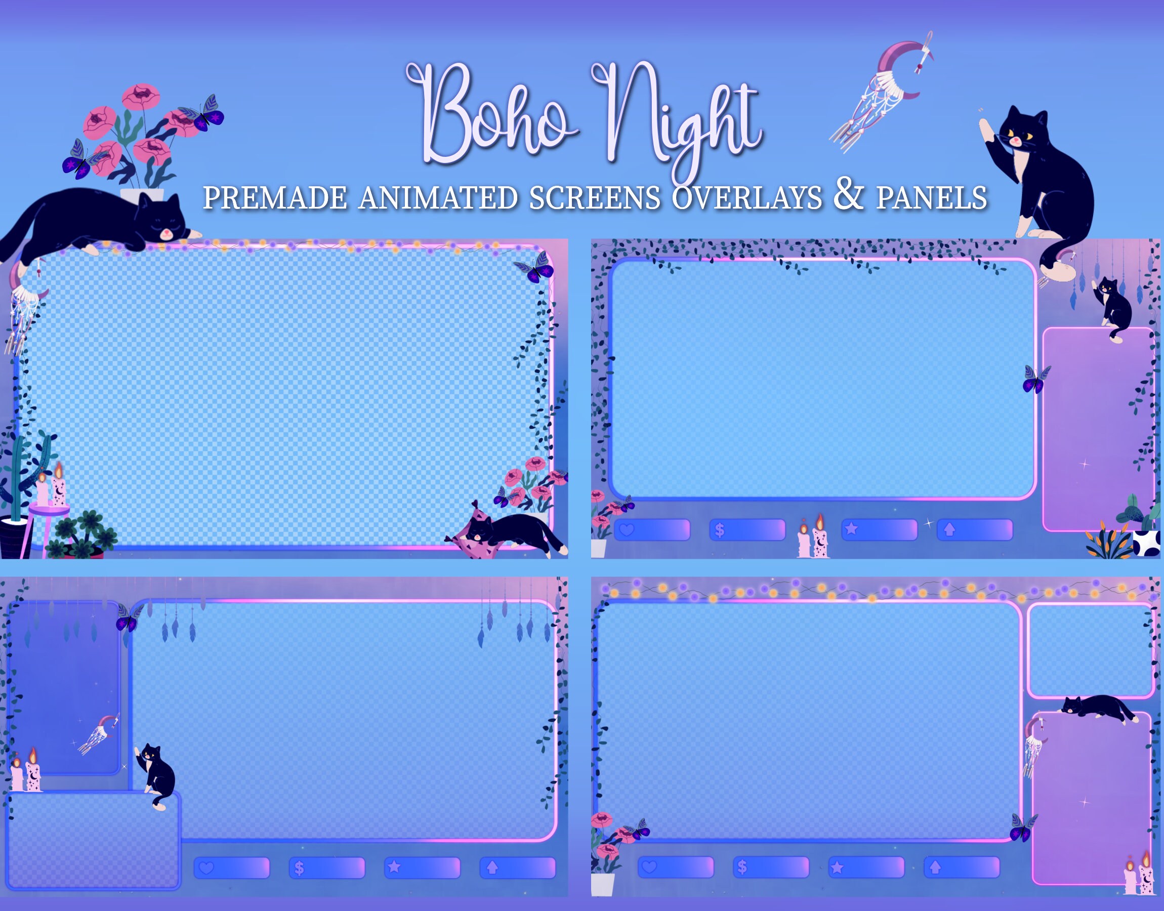 Boho Cat Stream Overlay for Twitch, Stream Animated Borders Mystic Boho ...