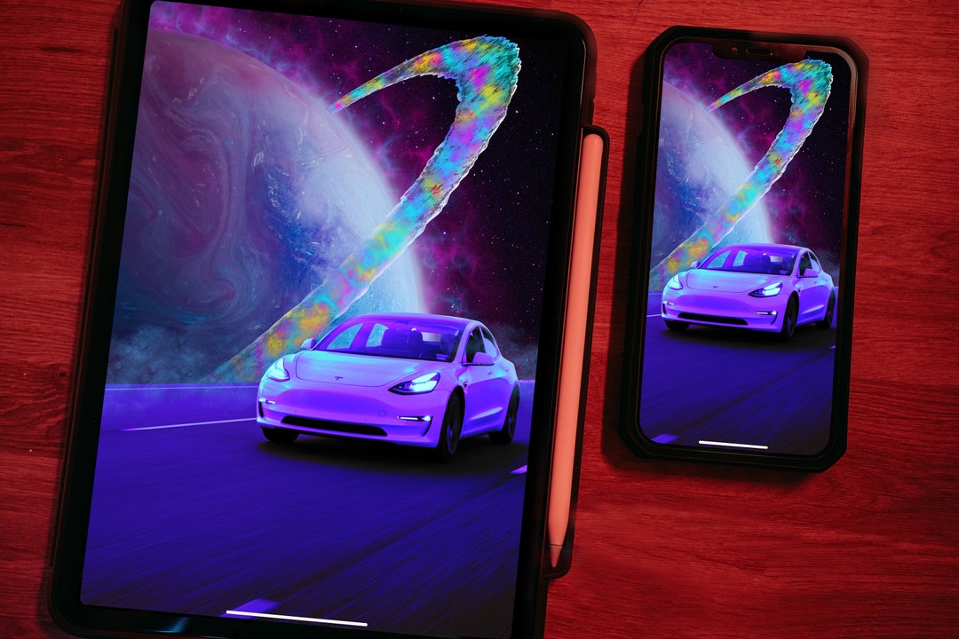 Tesla in Space Neon Synthwave Wallpaper Landscape Ios & Android High ...