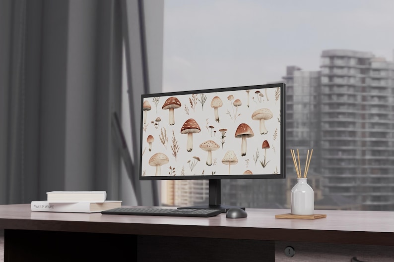 Whimsical Boho Mushroom Wallpaper – Neutral Botanical Theme for Desktop ...