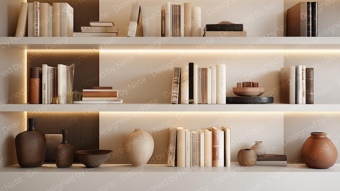 Neutral Bookshelf Zoom Background Terracott, Earthy Minimalist Virtual ...