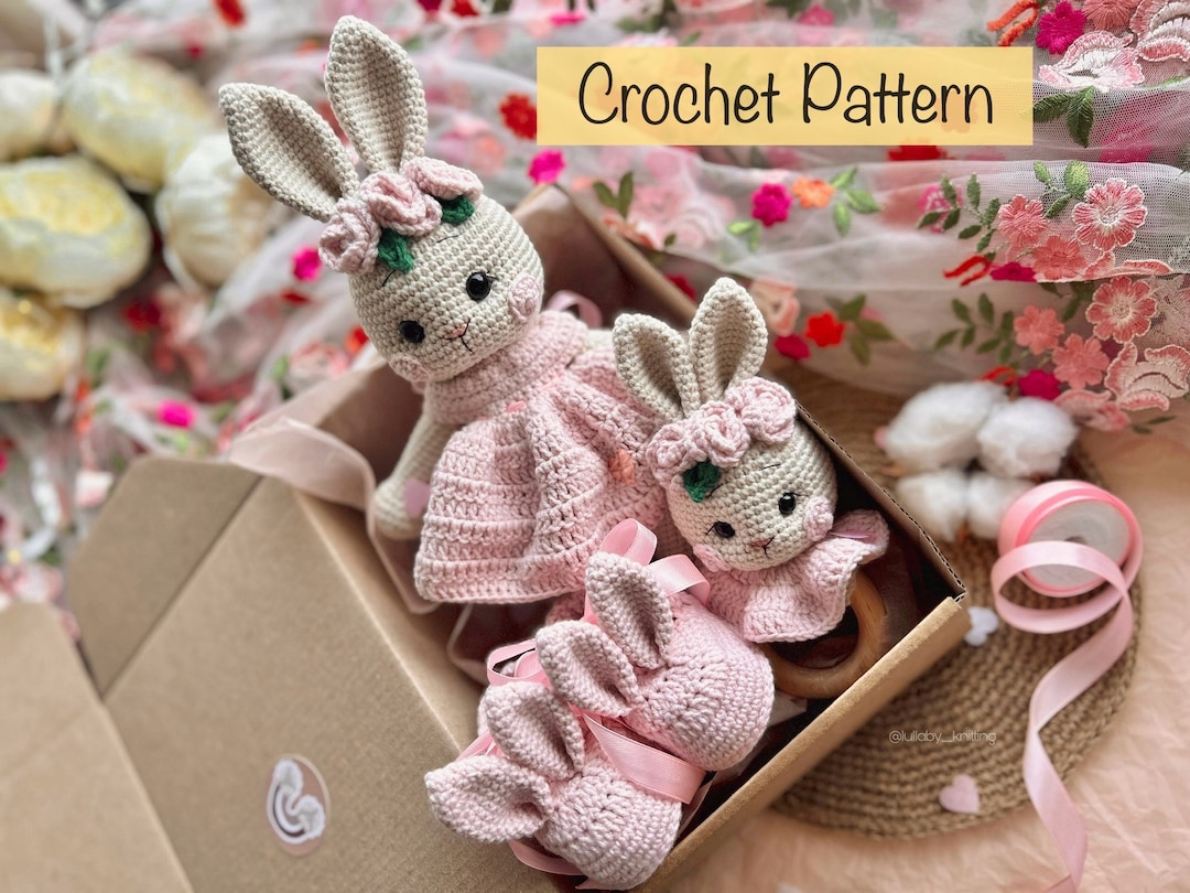 CROCHET PATTERN SET 3in1, Rabbit in Dress, Rattle Rabbit, Booties, Diy ...