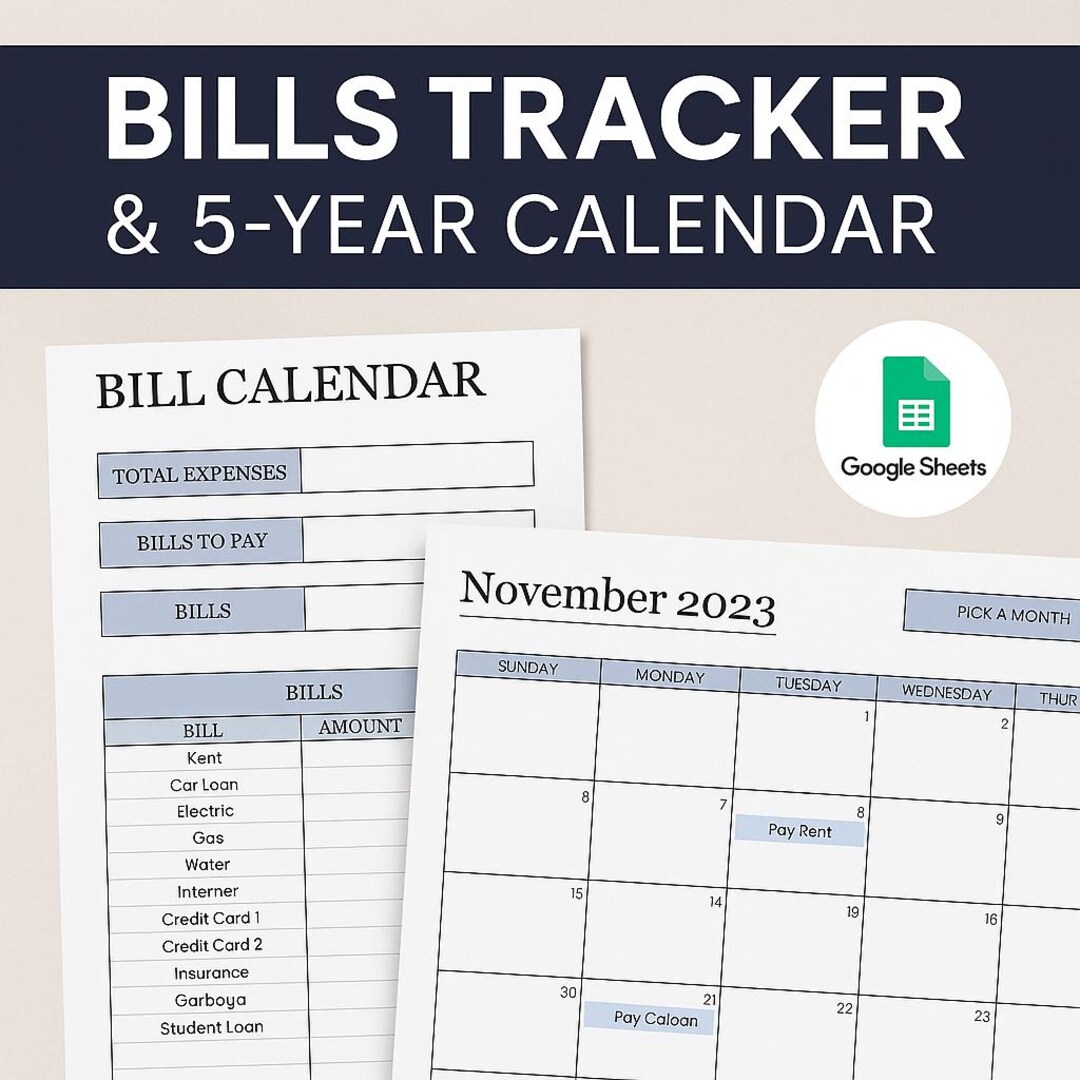 Bill Payment Tracker Spreadsheet: 5-year Calendar, Finance Budget ...