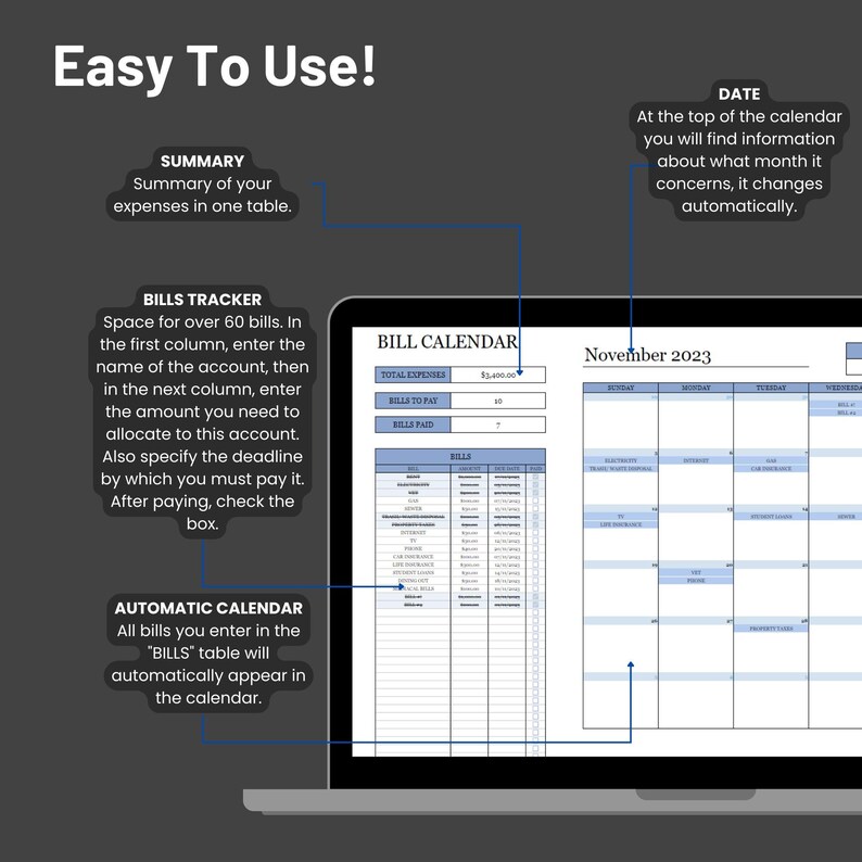Bill Payment Tracker Spreadsheet: 5-year Calendar, Finance Budget ...