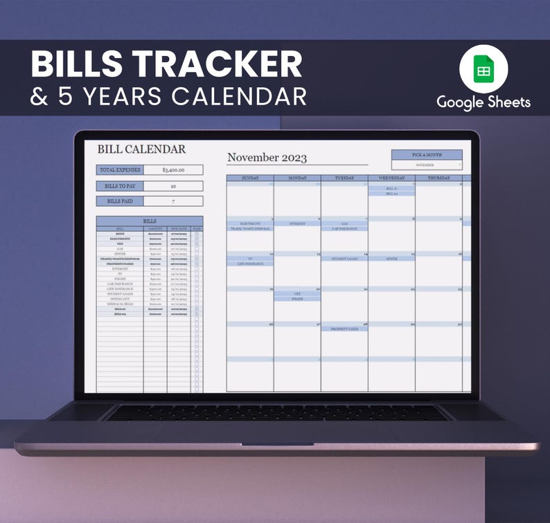 Bill Payment Tracker Spreadsheet: 5-year Calendar, Finance Budget ...
