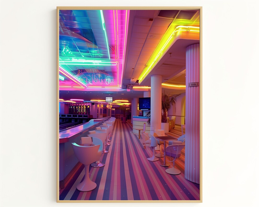 Neon Aesthetic Decor - Retro 80s Bar Interior Print Featuring Vibrant ...