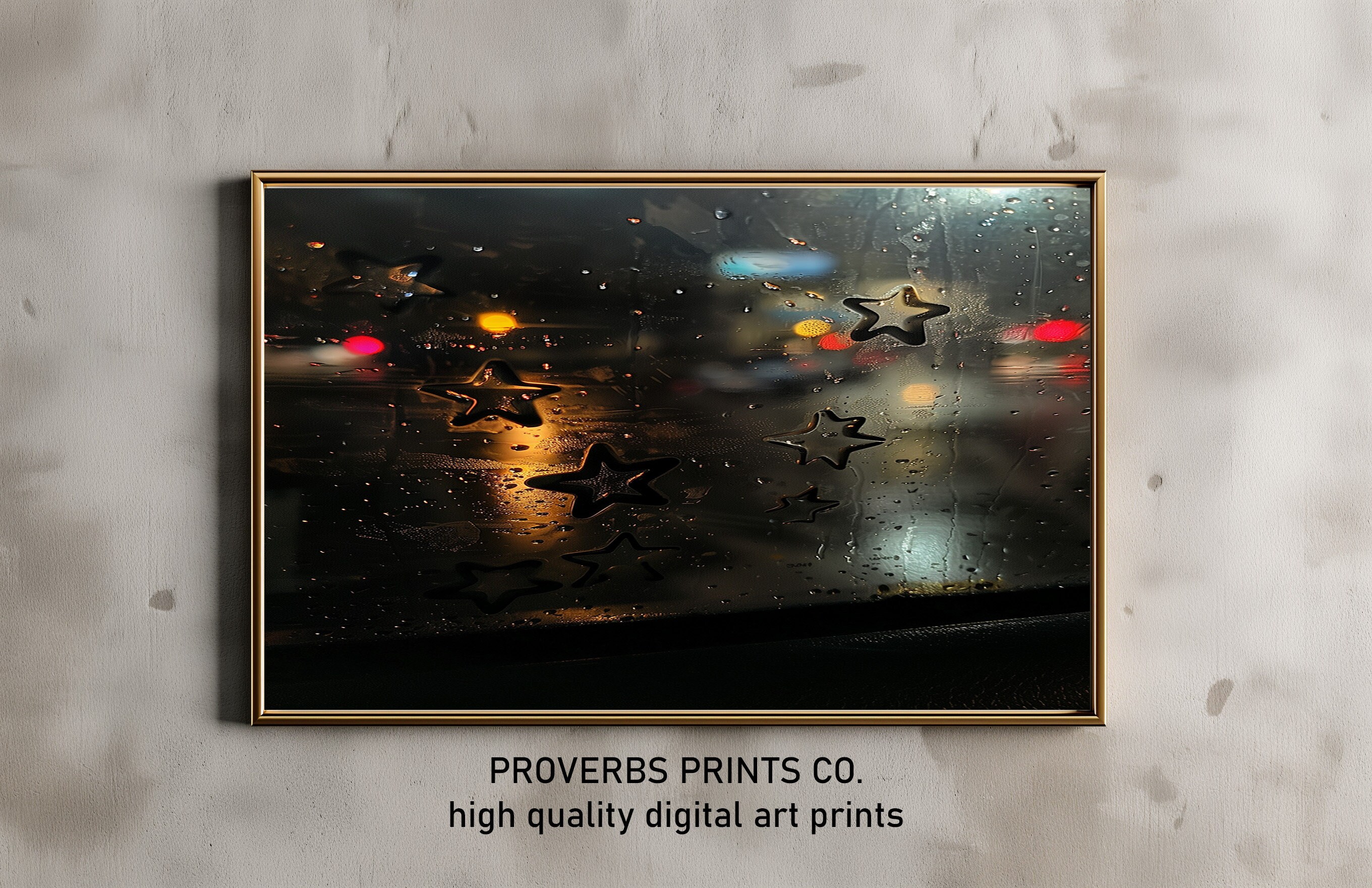 Starry Night Print Rainy Urban Scene Cozy Window View Capturing Serene ...