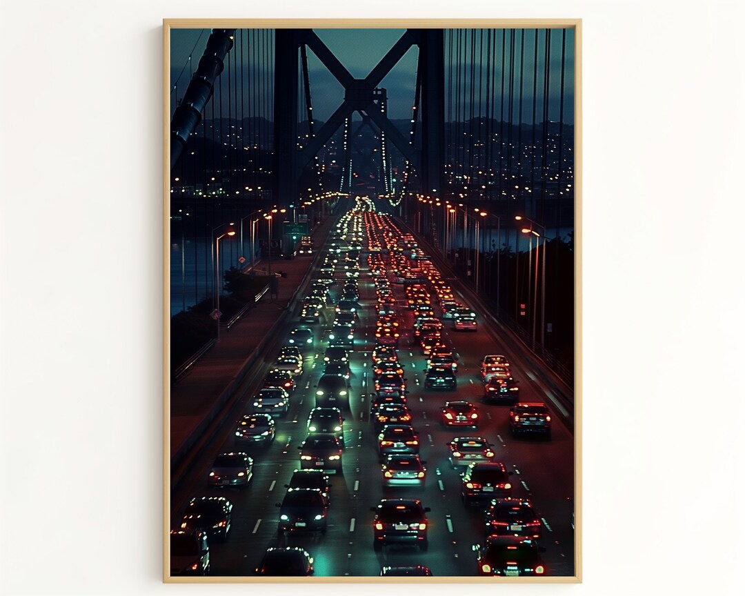 Nighttime Cityscape Bridge Traffic Print – Dynamic Urban Commute Art ...