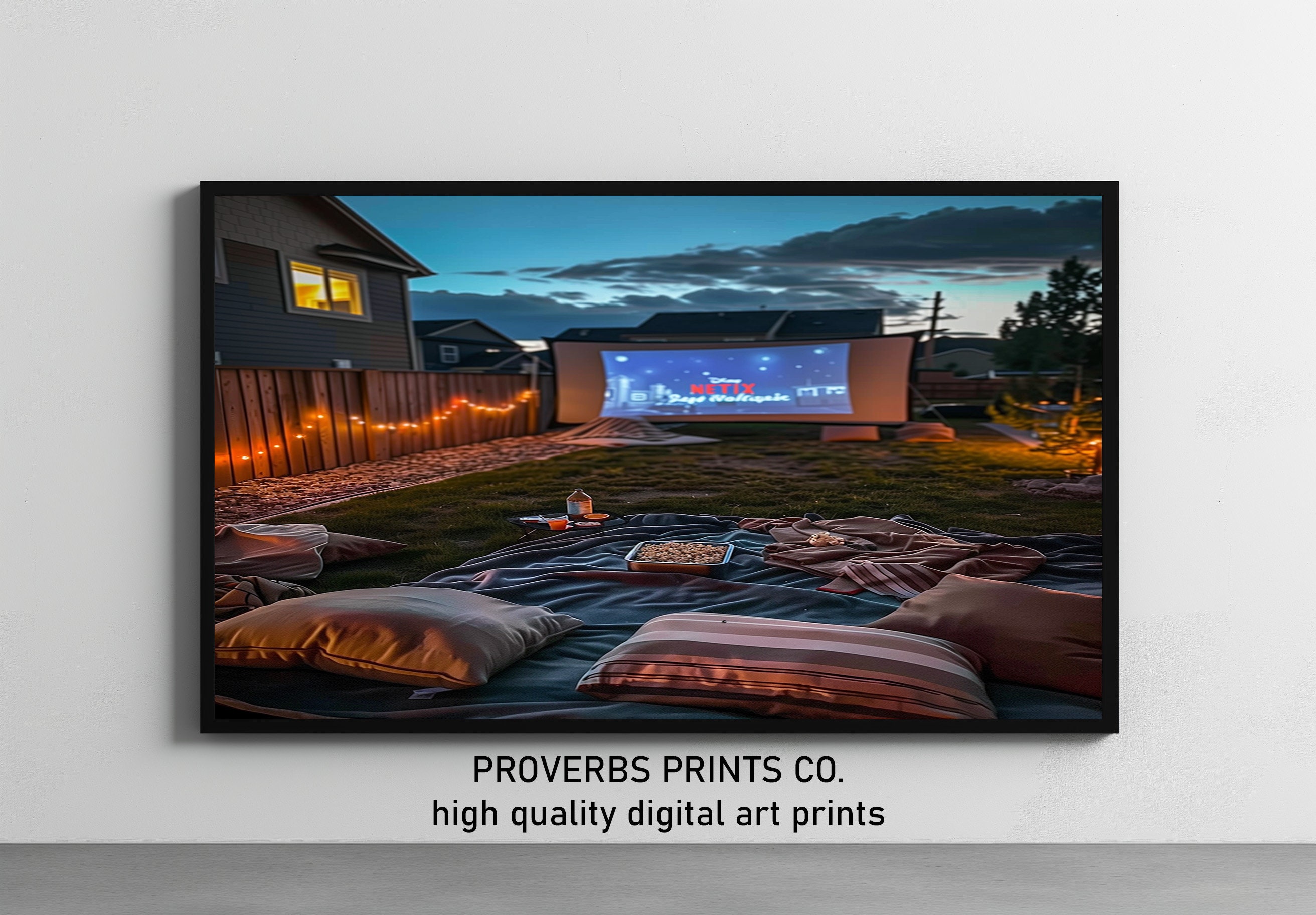 Outdoor Movie Night Setup, Cozy Backyard Cinema With Blankets and ...