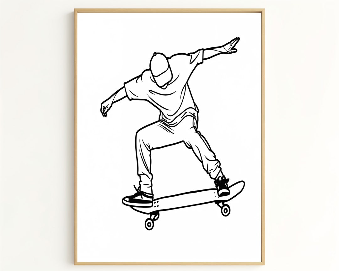 Skateboard Line Art Print, Minimalist Skating Action Illustration for ...