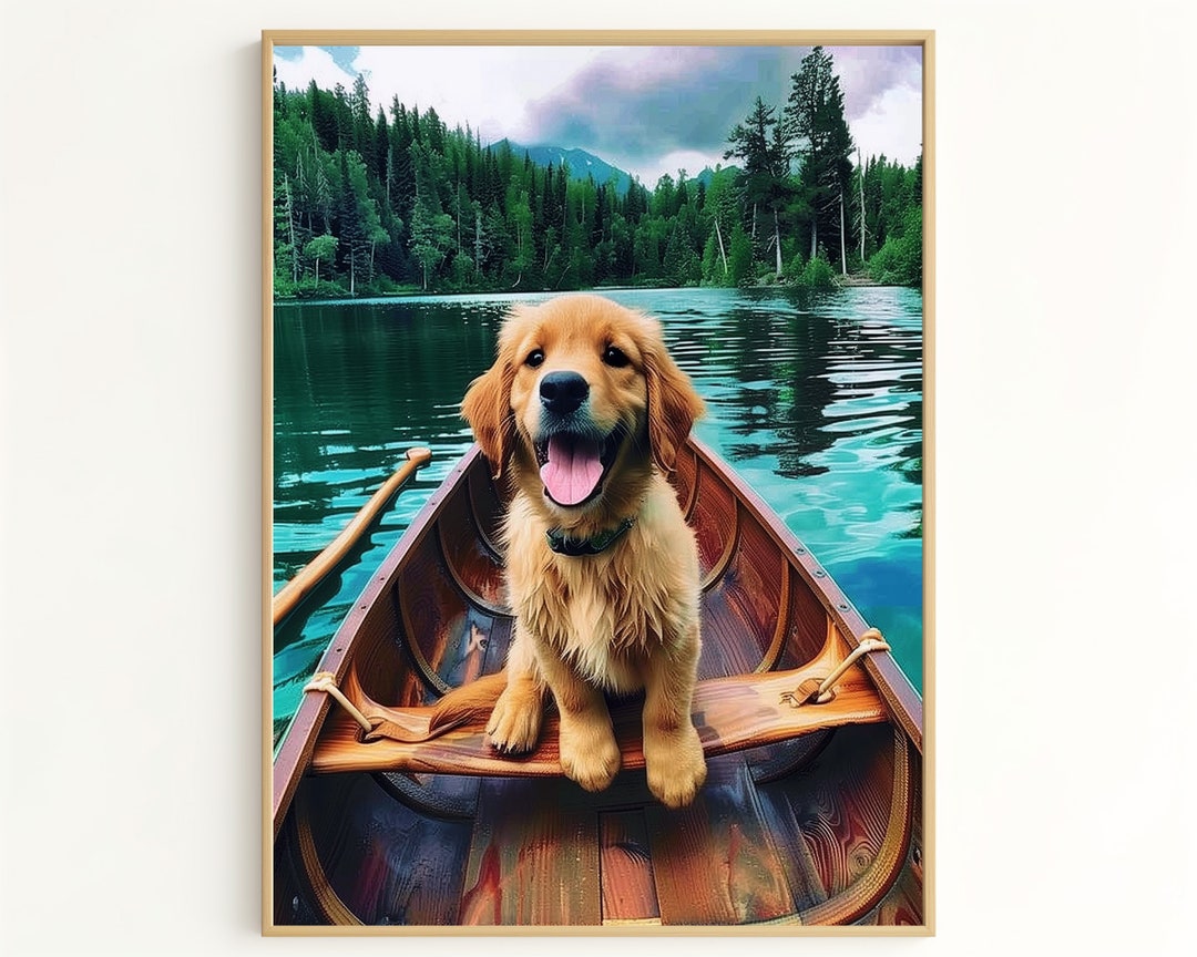 Golden Retriever Puppy Riding in a Canoe on a Serene Lake, Adorable ...