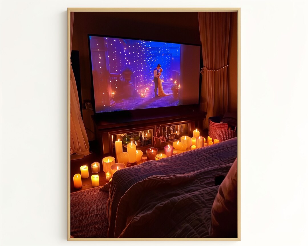 Couples Movie Night Print: Cozy Candlelit Bedroom Scene With String ...