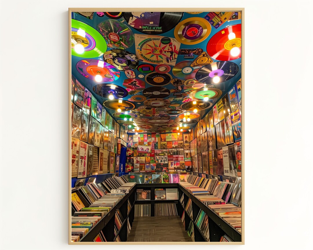 Record Store Art Print, Bright Vinyl Record Store Decor for Music ...