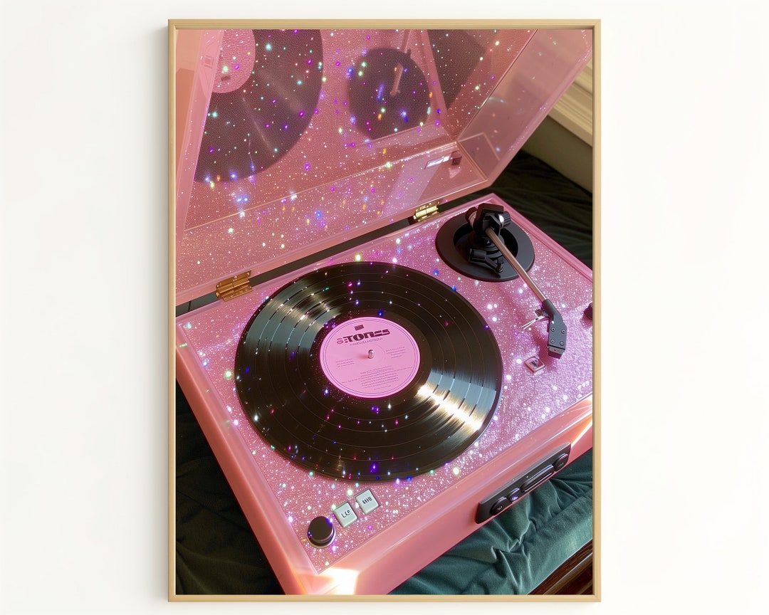 Turntable Wall Art: Retro Pink Glitter Vinyl Print for Music Lovers ...