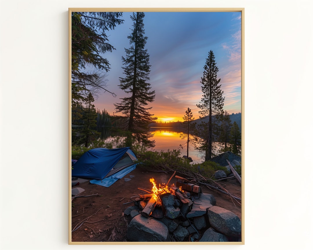 Outdoor Adventure Art Print, Sunset Forest Camping Scene by Tranquil ...