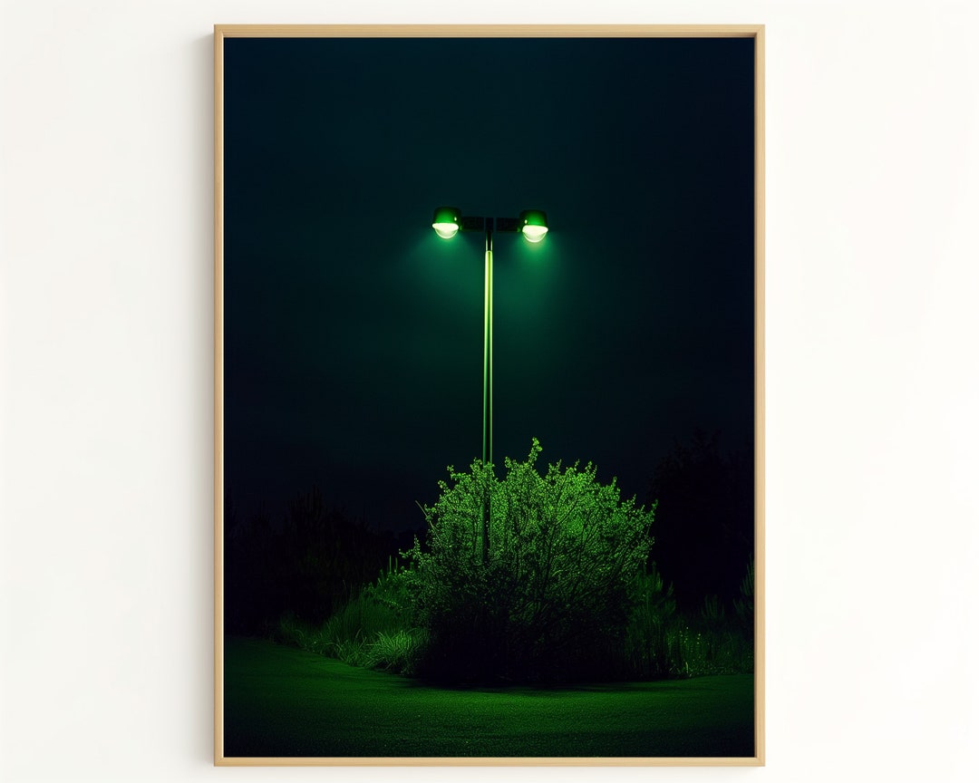 Night City Light Print: Moody Green Street Light Illuminates an Urban ...