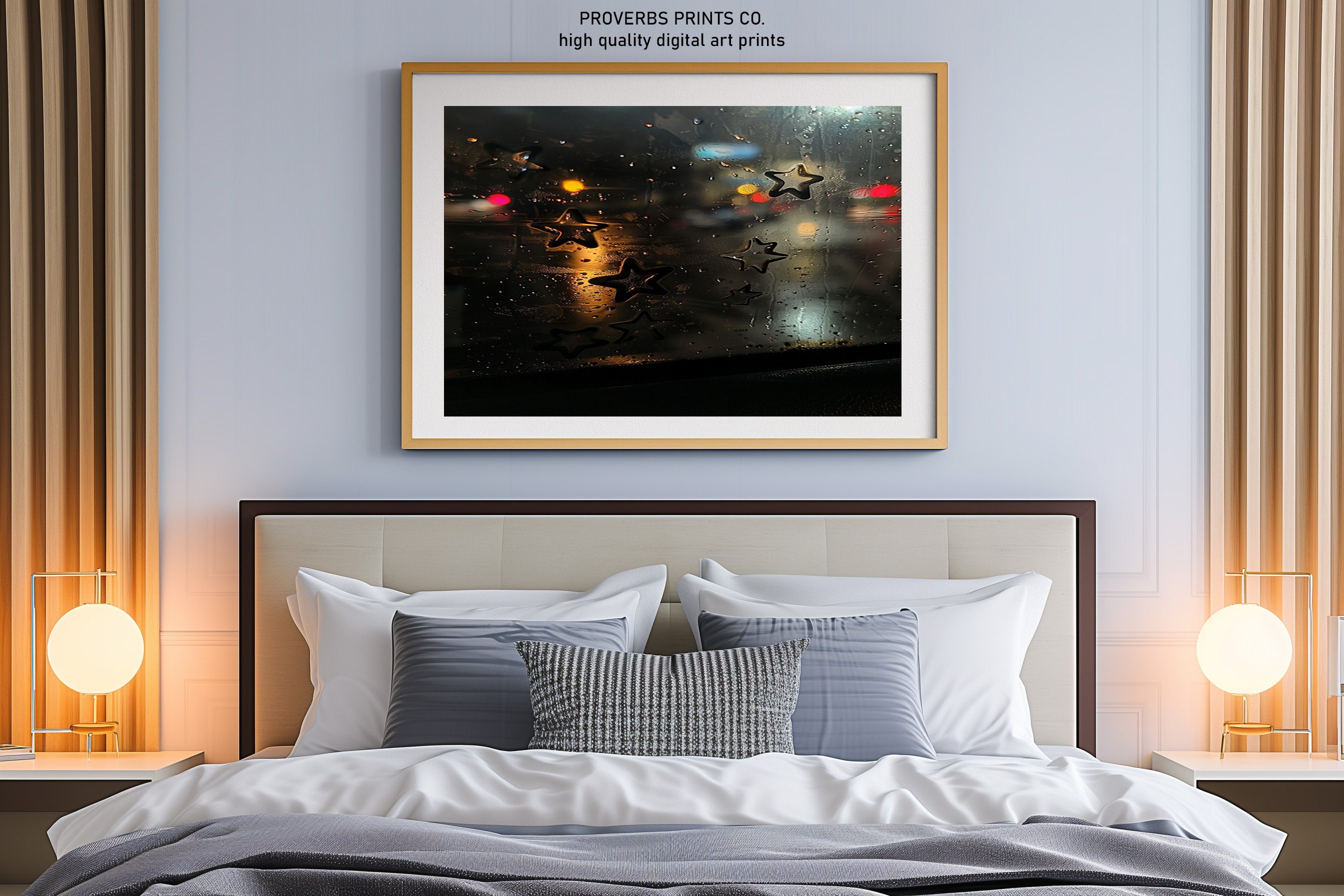 Starry Night Print Rainy Urban Scene Cozy Window View Capturing Serene ...