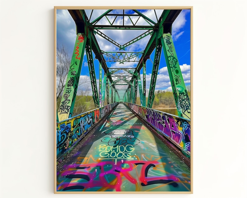 Modern Urban Art - Graffiti Covered Bridge Print, Vibrant Street Art ...