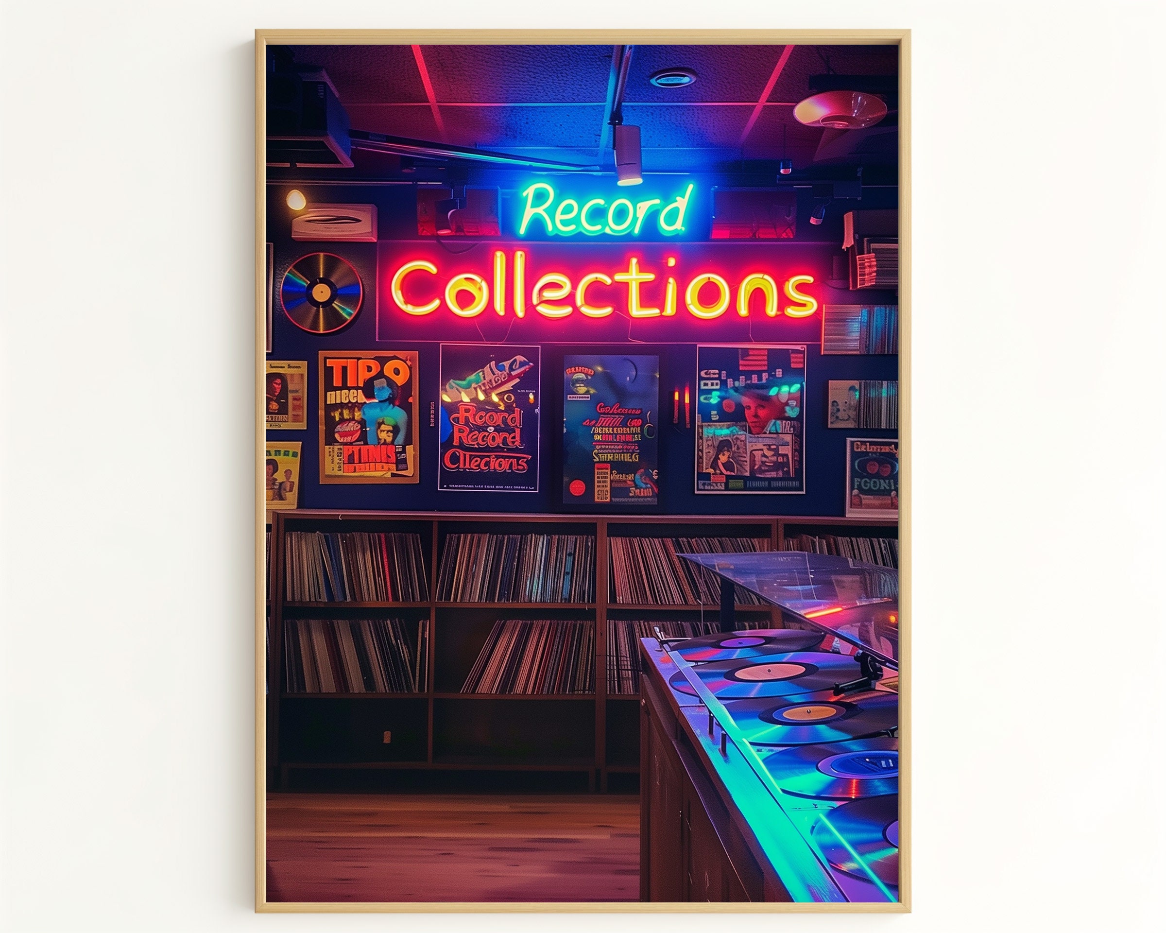 Retro Music Print: Neon Vinyl Record Collection Art Print for Vibrant ...